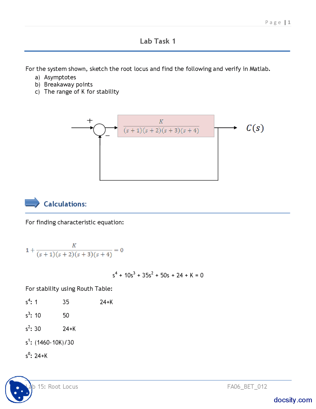 Root Locus Control Systems Lab Reports Docsity