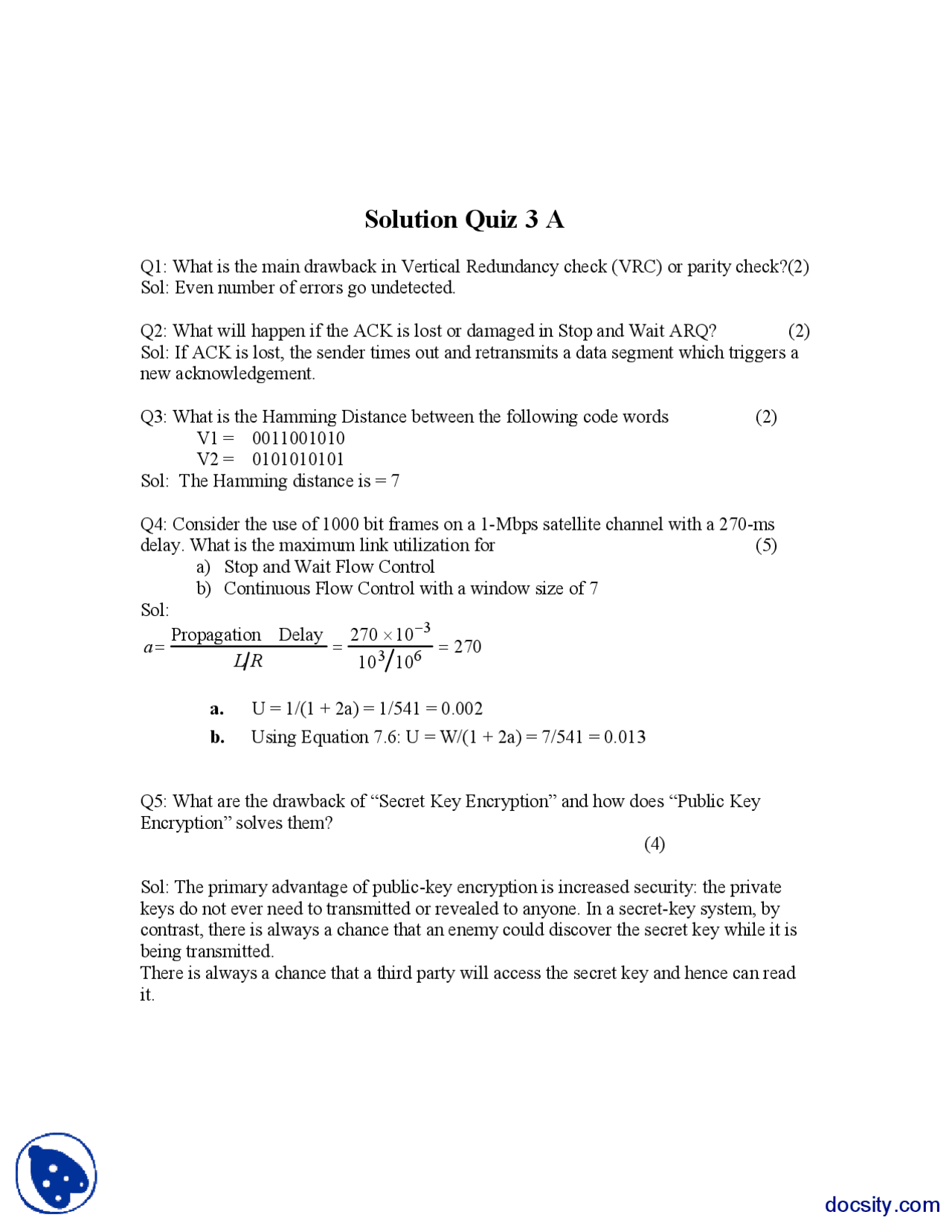 Vrc Parity Check Hamming Distance Wireless Networking Lan And Computer Networks Quiz Solution