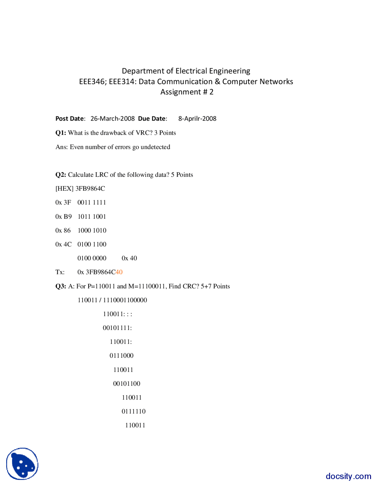 Vrc Crc Error Detection Wireless Networking Lan And Computer Networks Quiz Solution Docsity