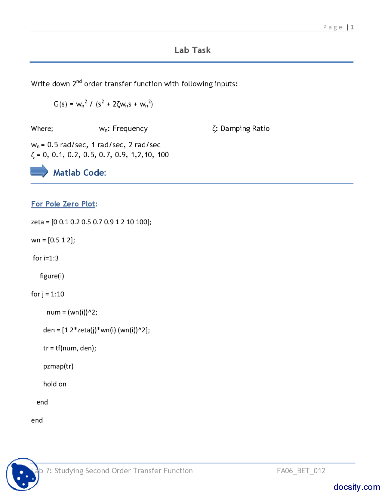 Second Order Transfer Function Control Systems Lab Reports Exercises