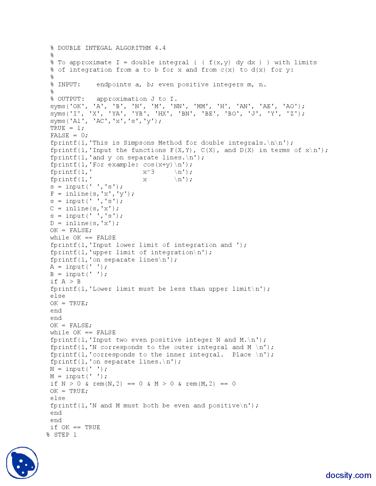 Double Integral Algorithm Numerical Analysis Matlab Code Exercises Mathematical Methods For