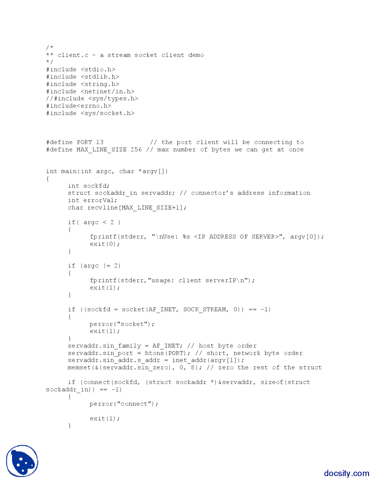 A Stream Socket Client Demo I Network Programming Lab Report Docsity