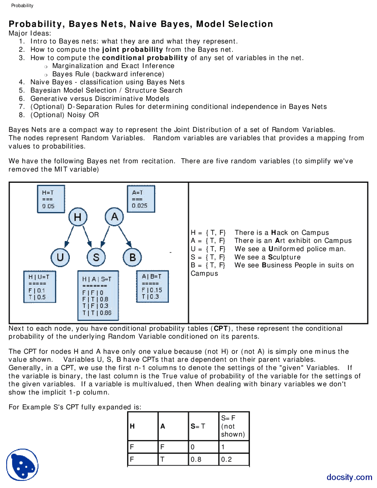 Probability, Bayes Nets, Naive Bayes, Model Selection-Artificial Intelligence-Tutorial Handout ...