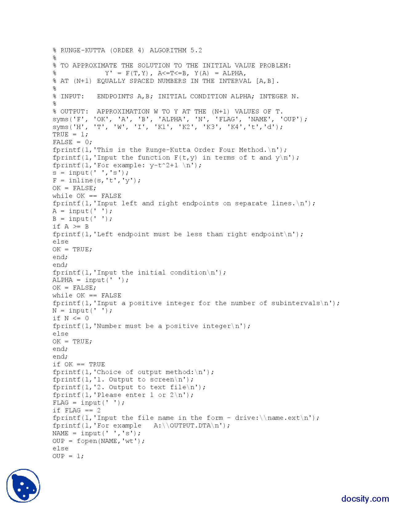 Range Kutta Order 4 Initial Value Problem Numerical Analysis Matlab Code Exercises