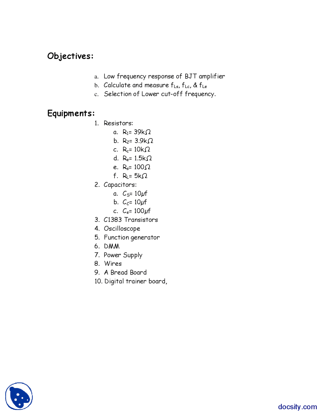 Low Frequency Response of BJT Amplifier-Electronics-Lab Report - Docsity