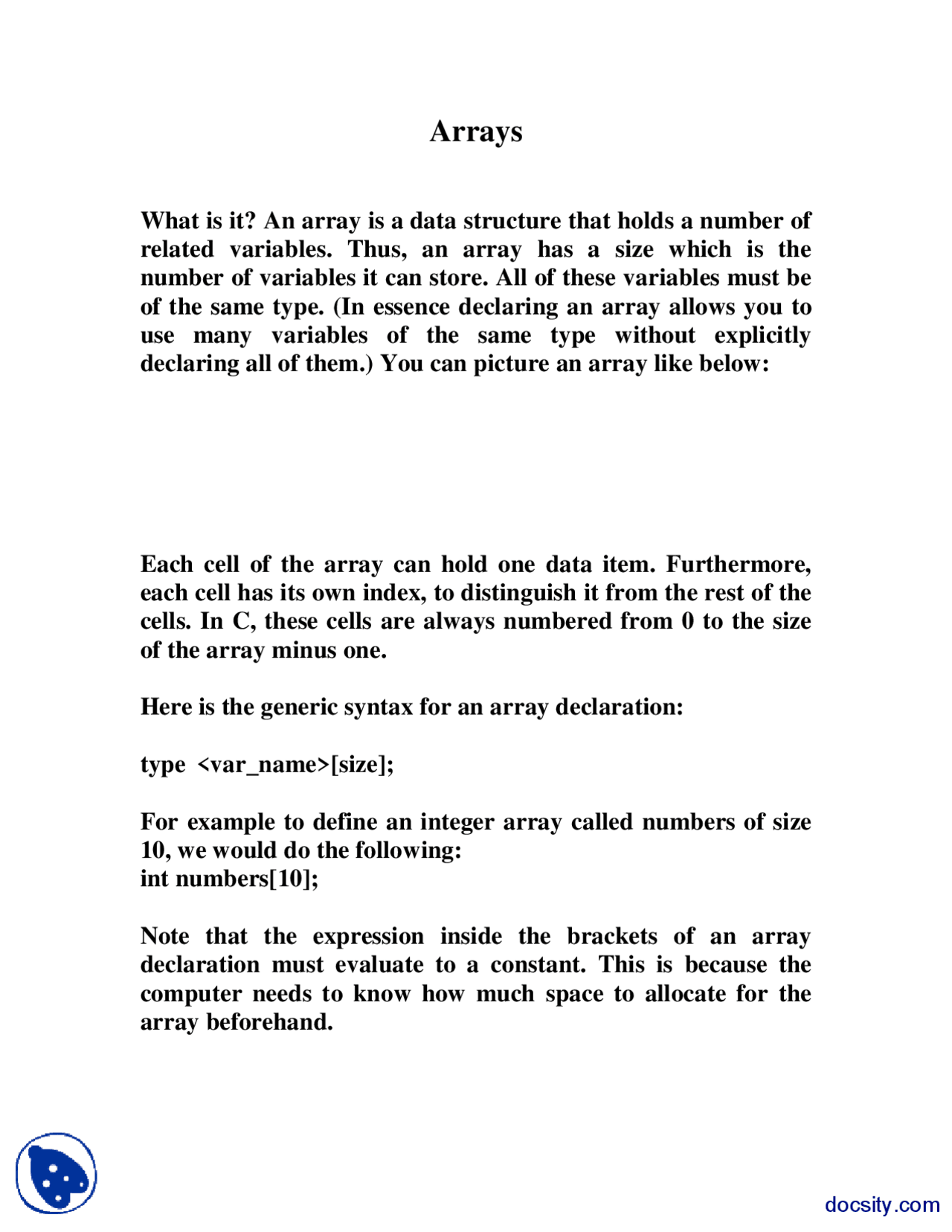 Arrays Computer Fundamentals Lecture Handout Docsity