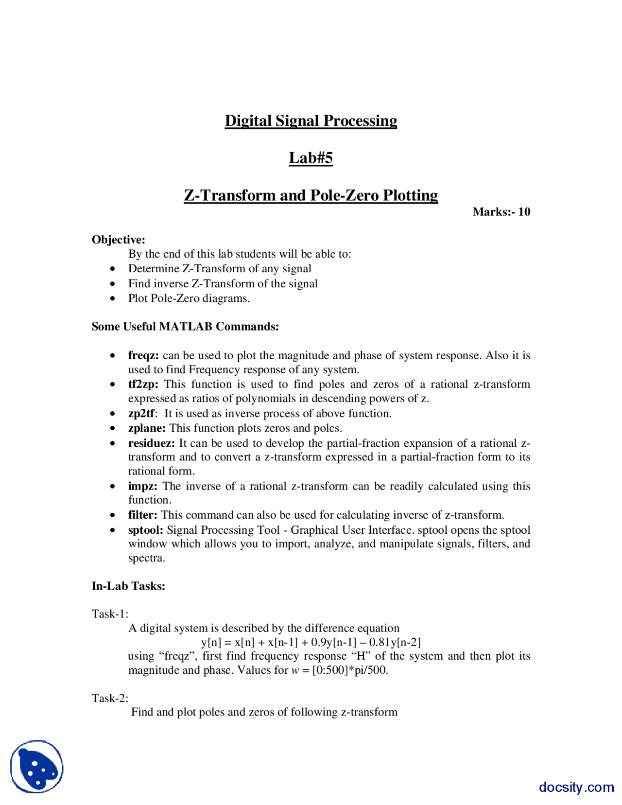 Z Transform and Pole Zero Plotting-Signals and Systems-Lab Mannual - Docsity