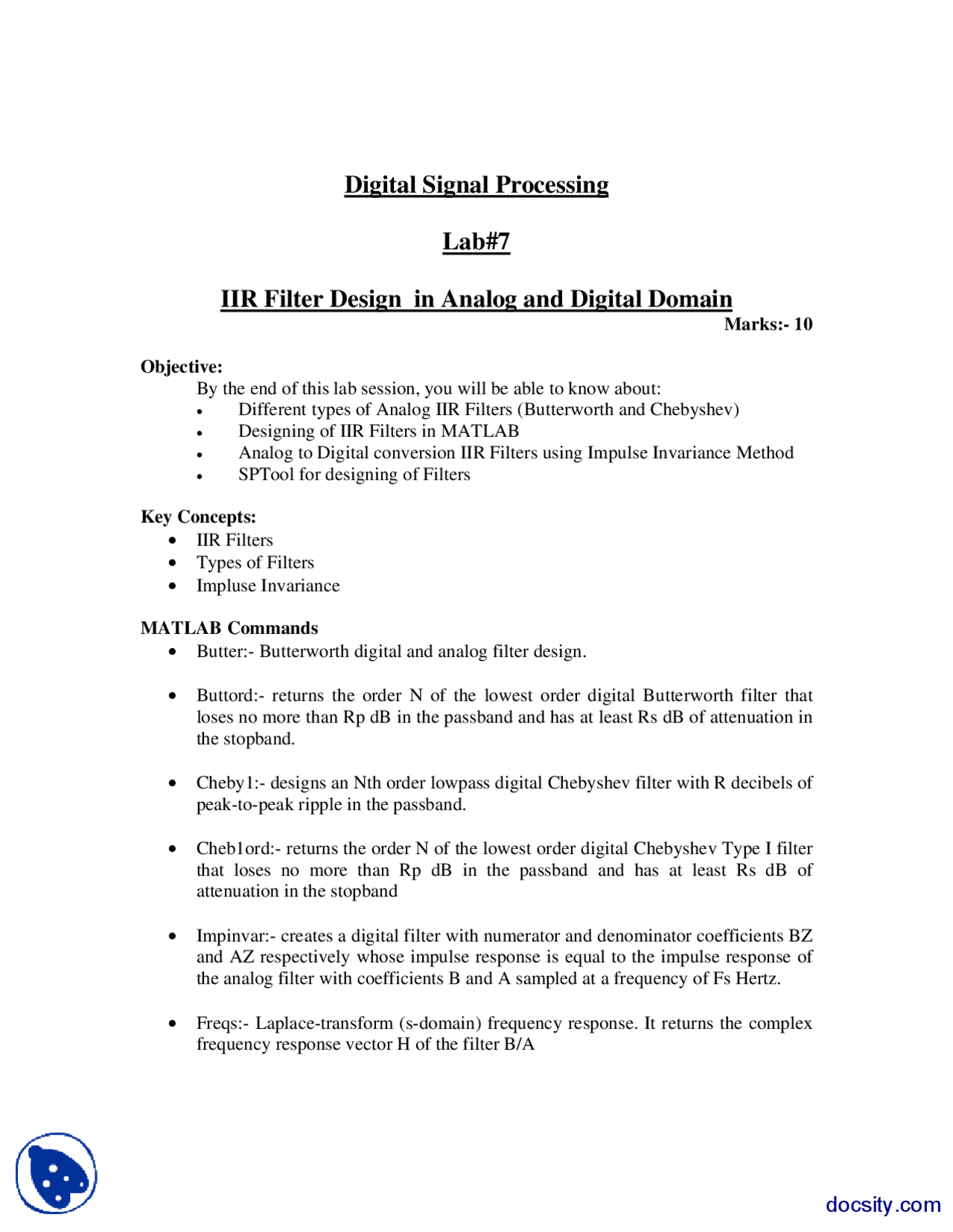 Iir Filter Design In Analog And Digital Domain Signals And Systems Lab