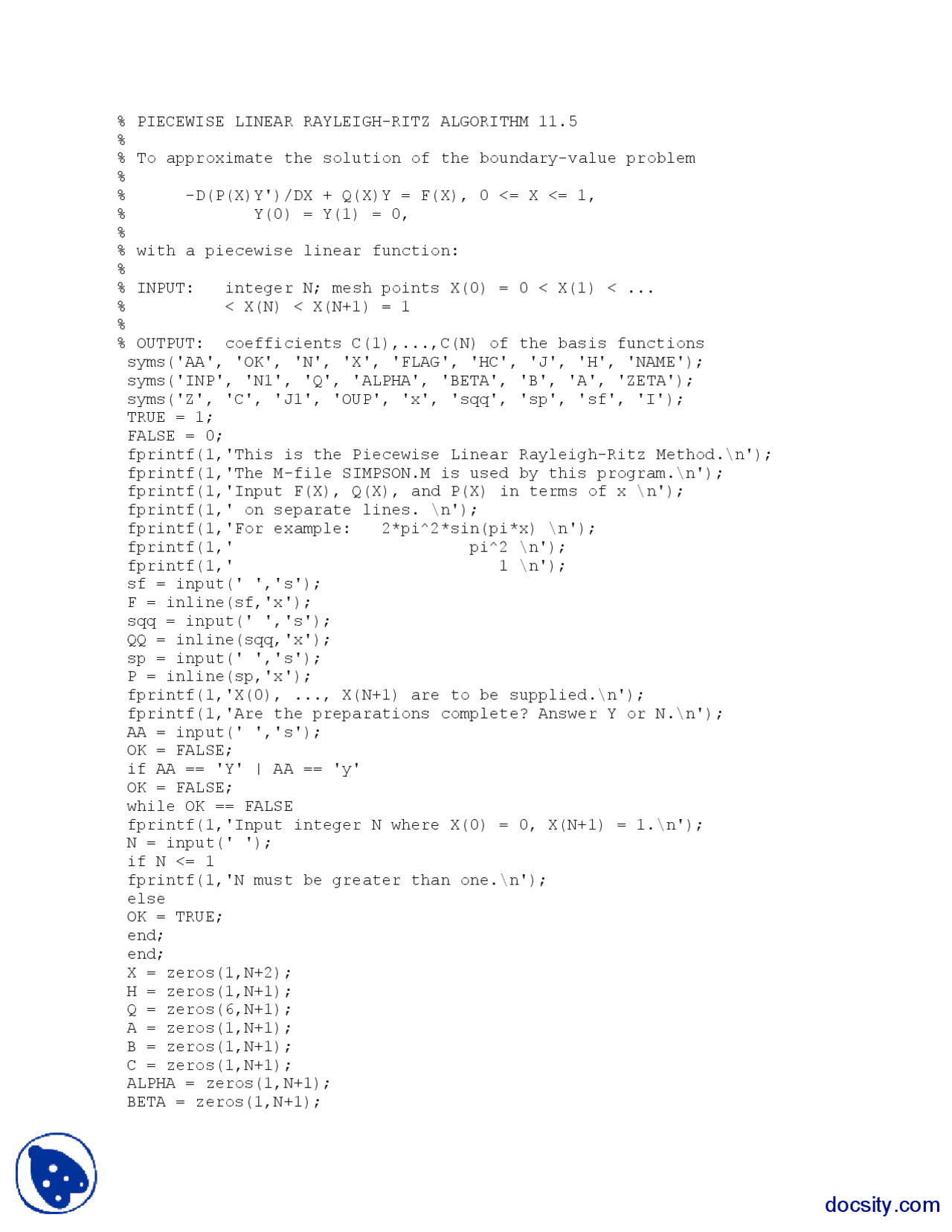 Piece Wise Linear Rayleigh Ritz Boundary Value Problem Numerical Analysis Matlab Code Docsity