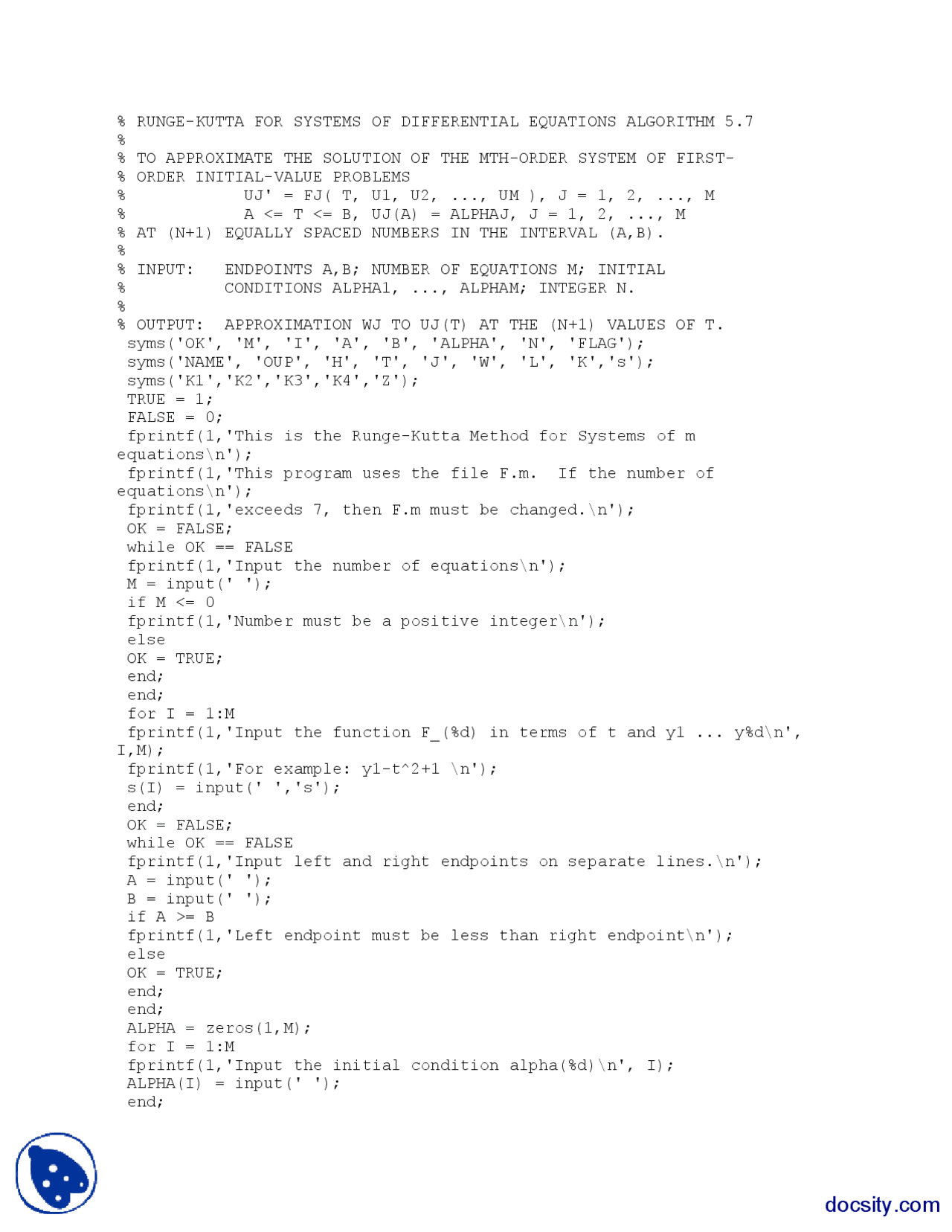 Runge Kutta Differential Equations Numerical Analysis Matlab Code Docsity