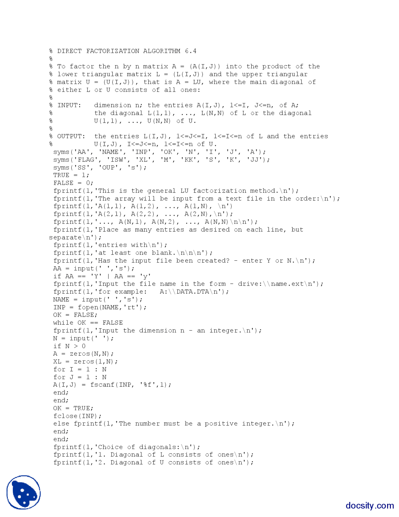 Direct Factorization-Numerical Analysis-MATLAB Code - Docsity