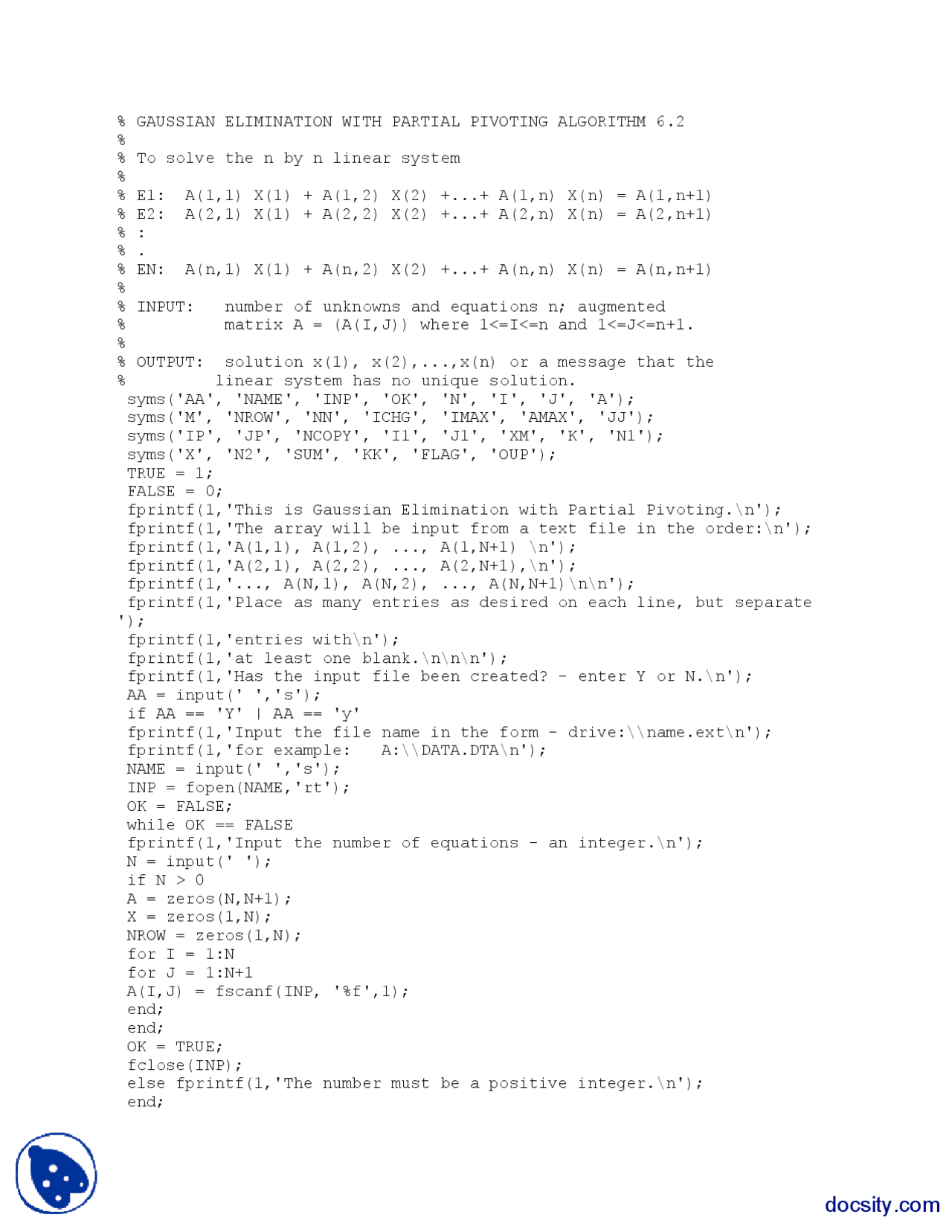 Gaussian Elimination Numerical Analysis Matlab Code Docsity