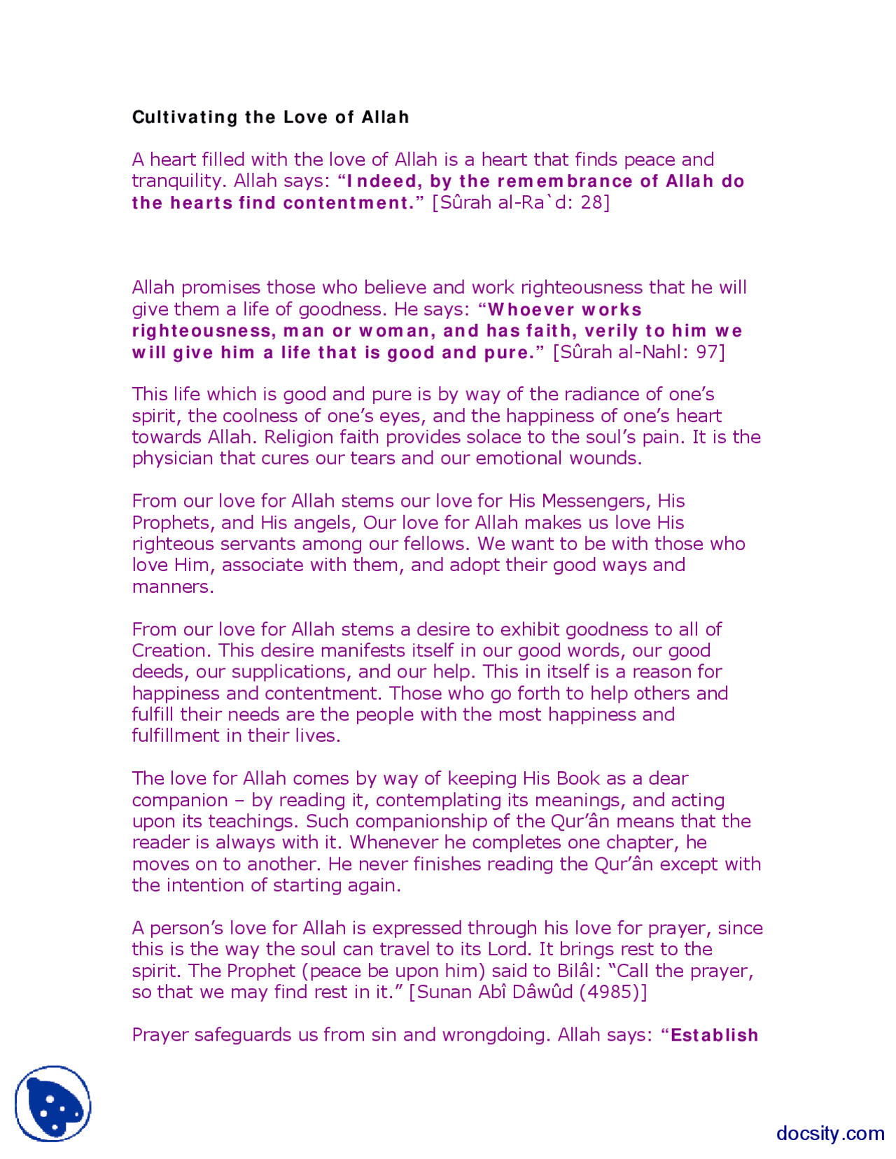 Cultivating the Love of Allah-Islamic Studies-Lecture Handout - Docsity