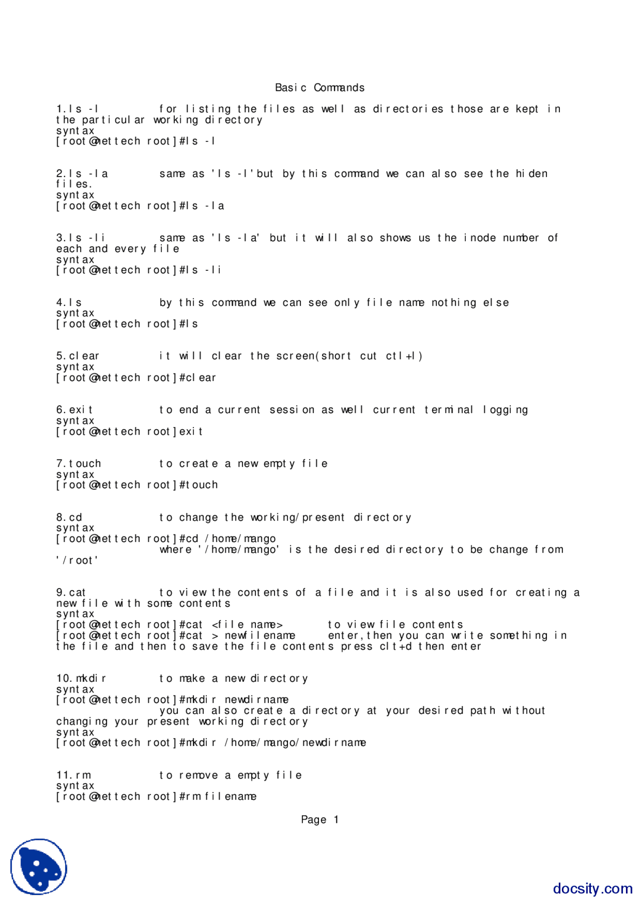 Basic Commands Fundamentals Lecture Handout Docsity
