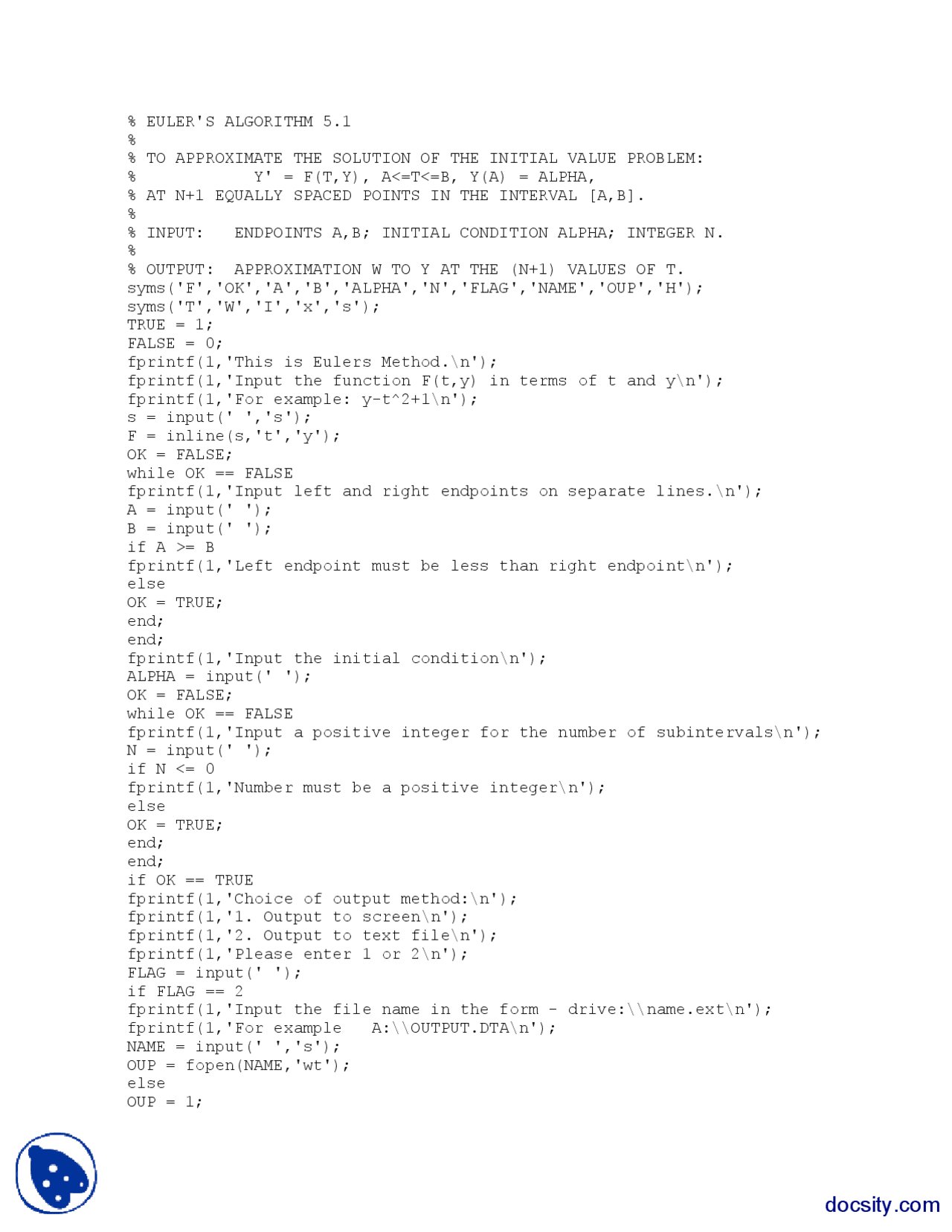 Euler Algorithm Initial Value Problem Numerical Analysis Matlab Code Docsity