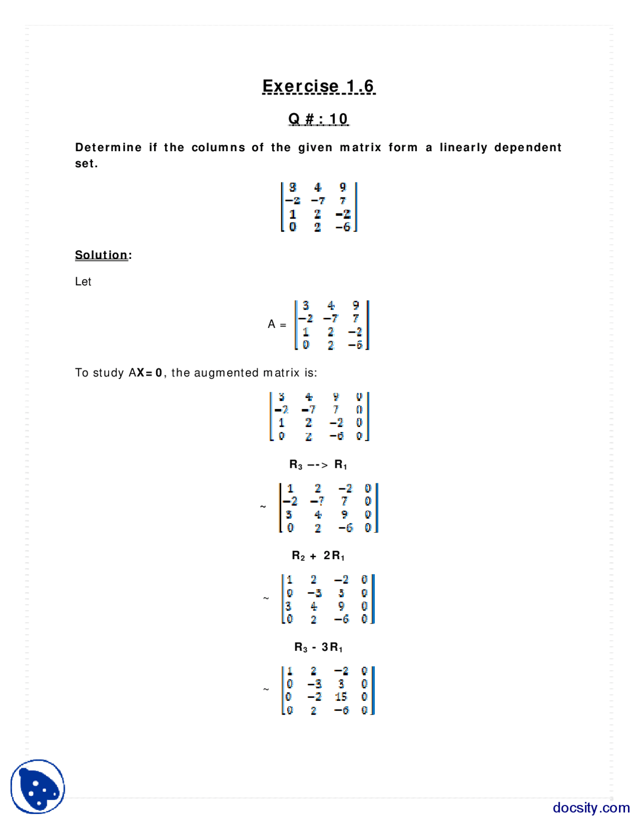 Linear Independence of Matrix Columns: Exercises 1.6 and 1.7 | Exercises Linear Algebra | Docsity