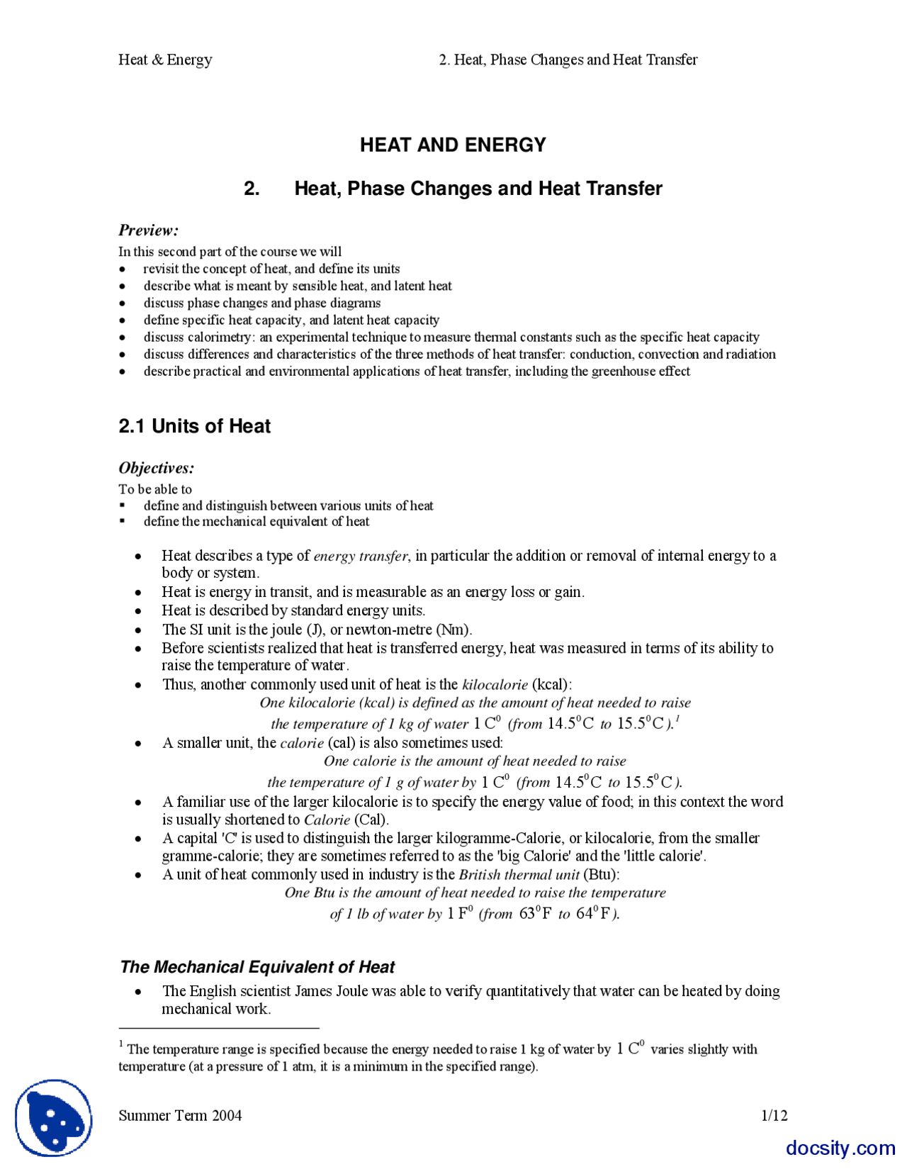 Heat, Phase Changes and Heat Transfer-Thermodynamics-Handout - Docsity