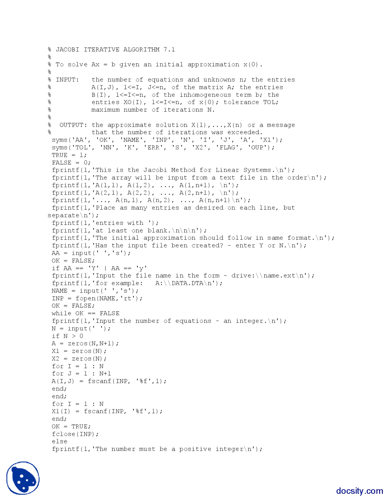 Jacobi Iterative Algorithm Numerical Analysis Matlab Code Docsity