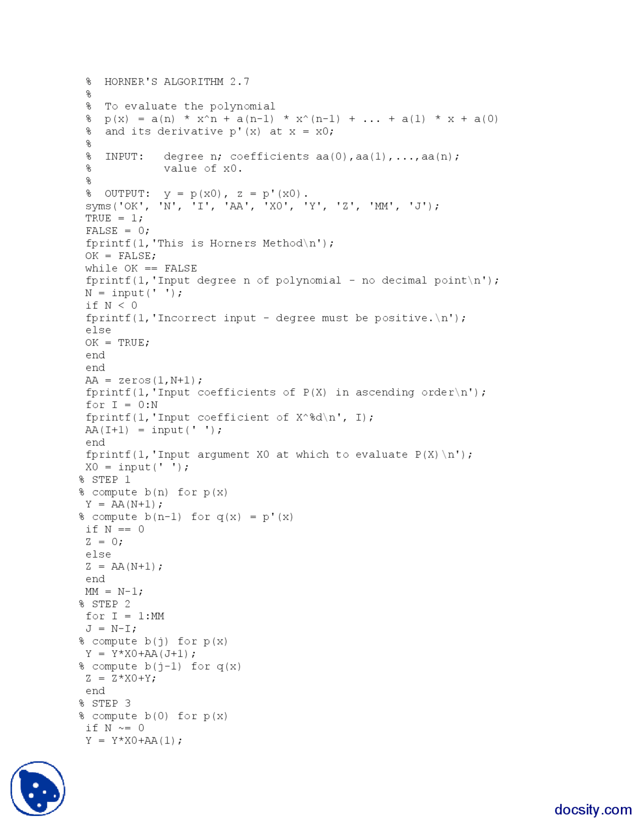 Horners Algorithm, Polynomial-Numerical Analysis-MATLAB Code - Docsity