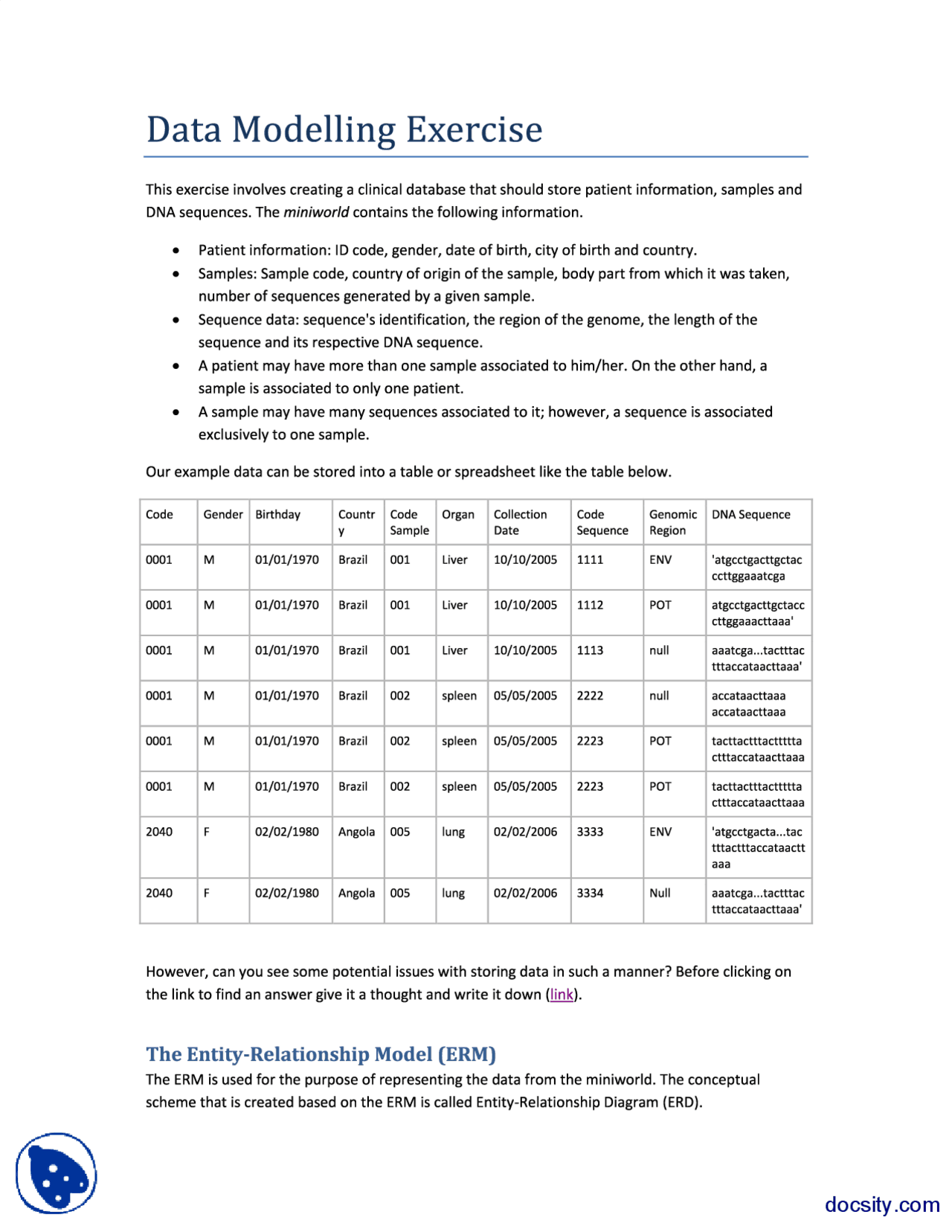 Data Modelling Bioinformatics Lecture Handout Docsity
