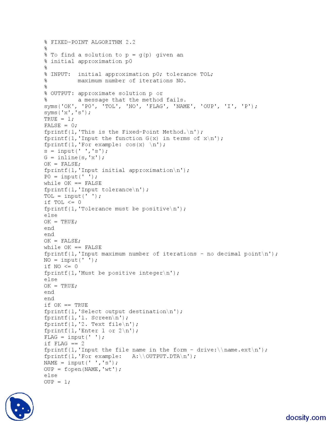 Fixed Point Algorithm Numerical Analysis Matlab Code Docsity