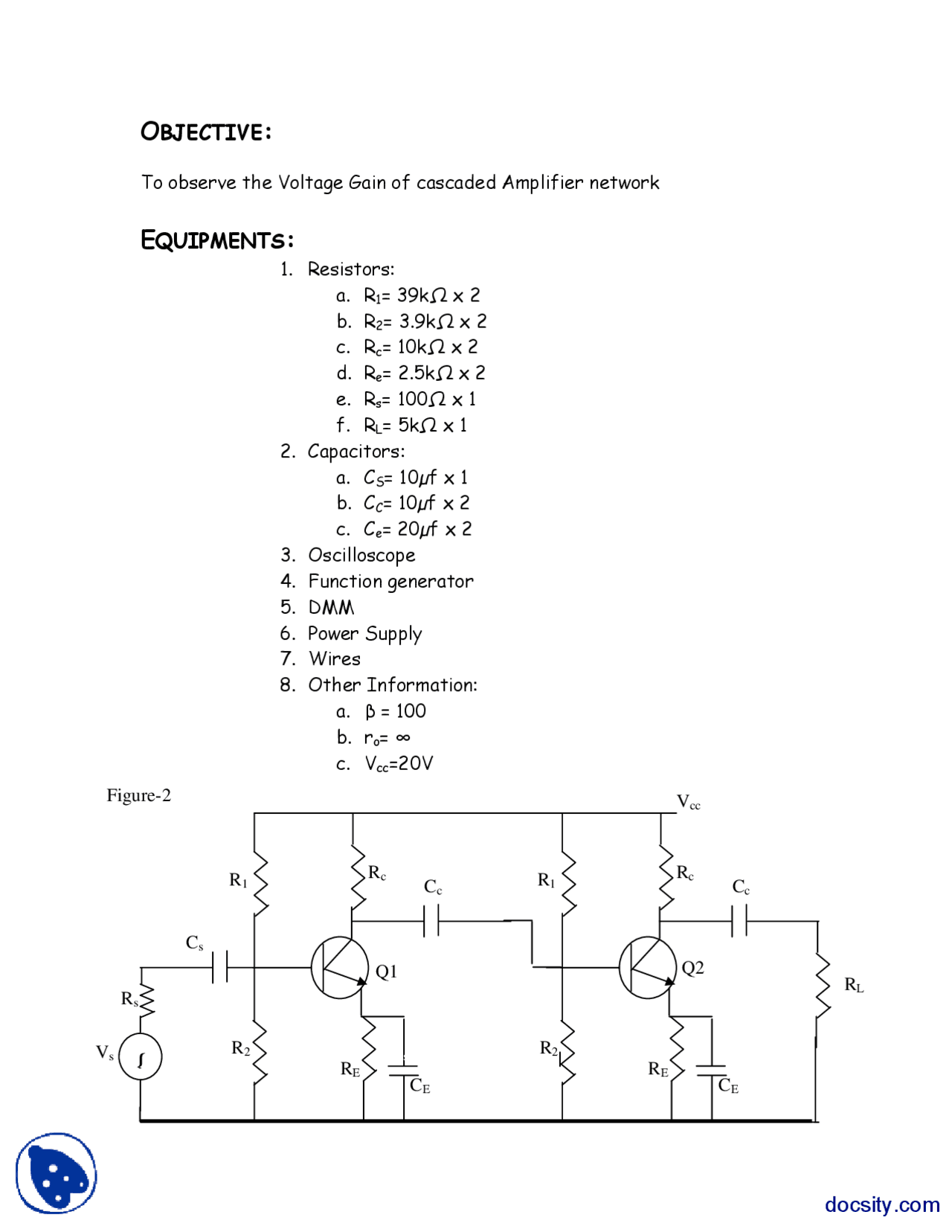 Voltage Gain of Amplifier Netowrk-Electronics-Lab Report | Exercises Electronics | Docsity