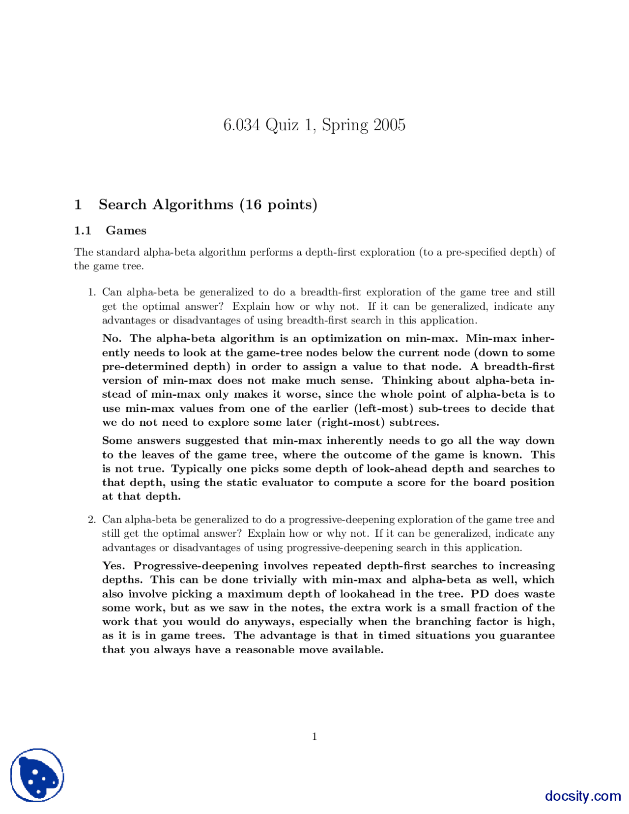 Search Algorithms Artificial Intelligence Quiz Docsity
