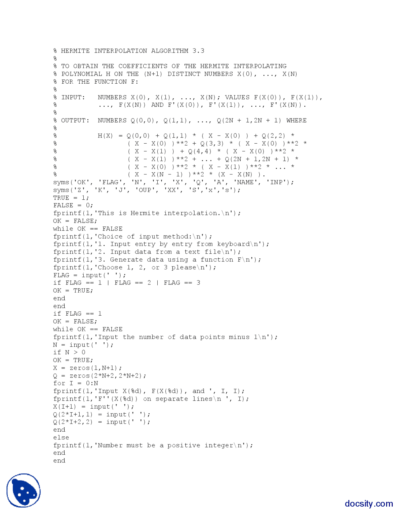 Hermite Interpolation Numerical Analysis Matlab Code Exercises Mathematical Methods For