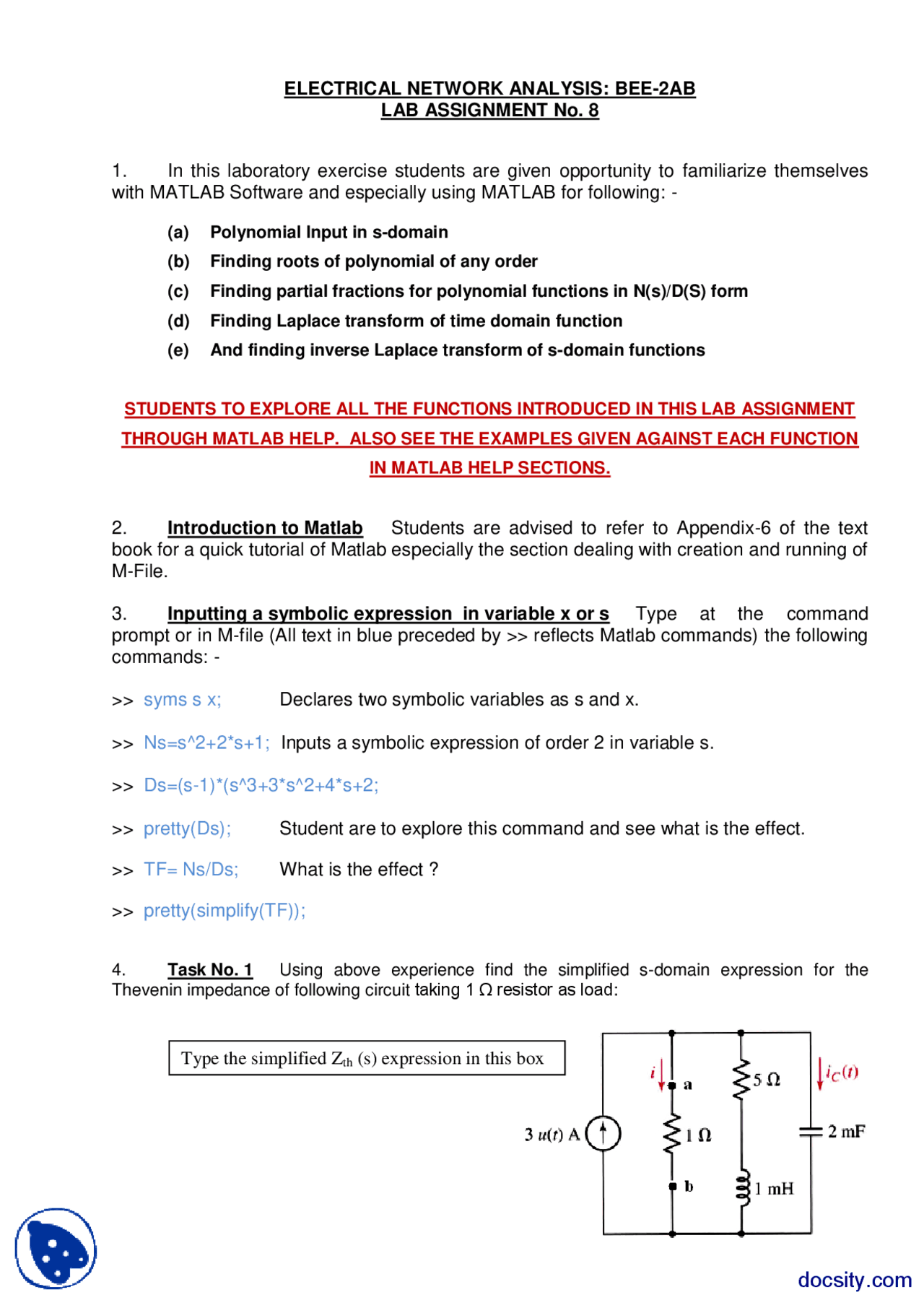 Introduction To Matlab Electrical Network Analysis Lecture Handout