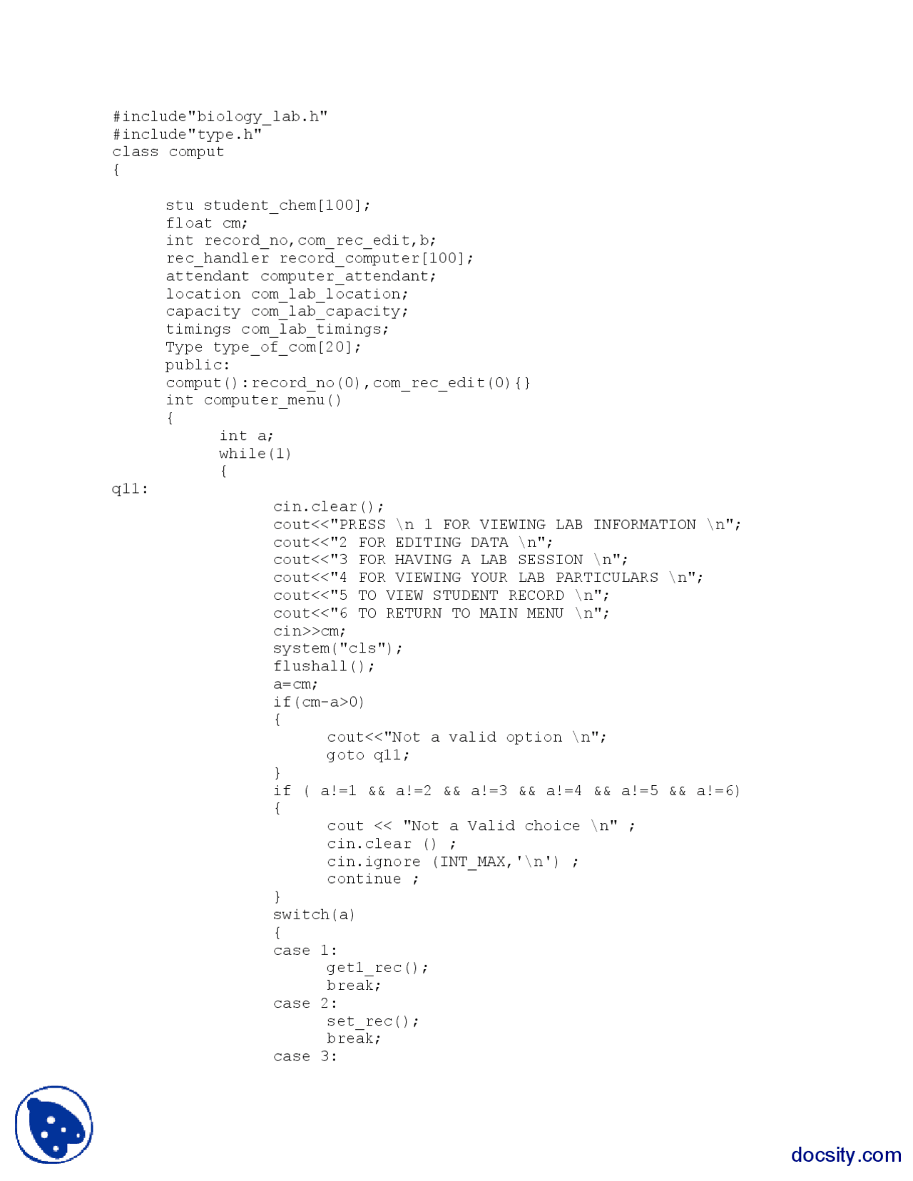 Class Copmuter Object Oriented Programming C Language Codes Docsity