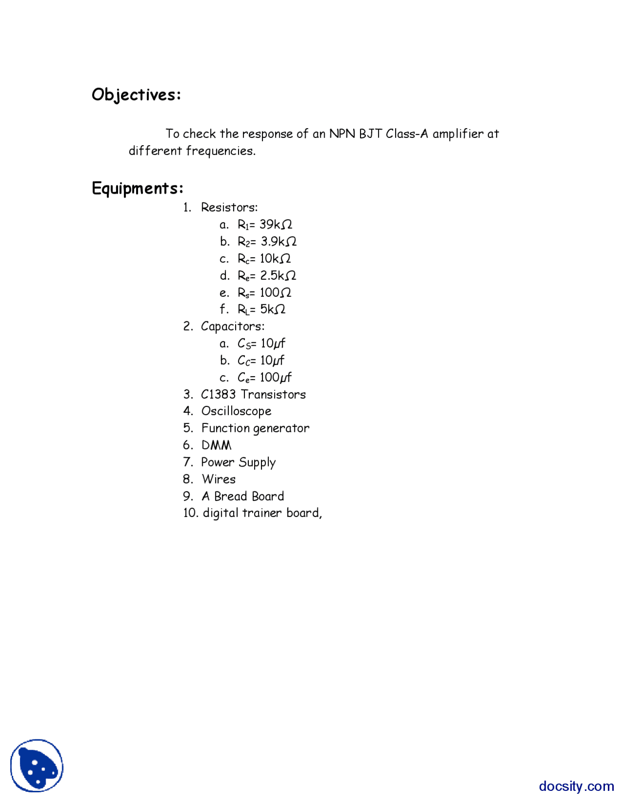 NPN BJT Class A Amplifier-Electronics-Lab Report | Exercises Electronics | Docsity