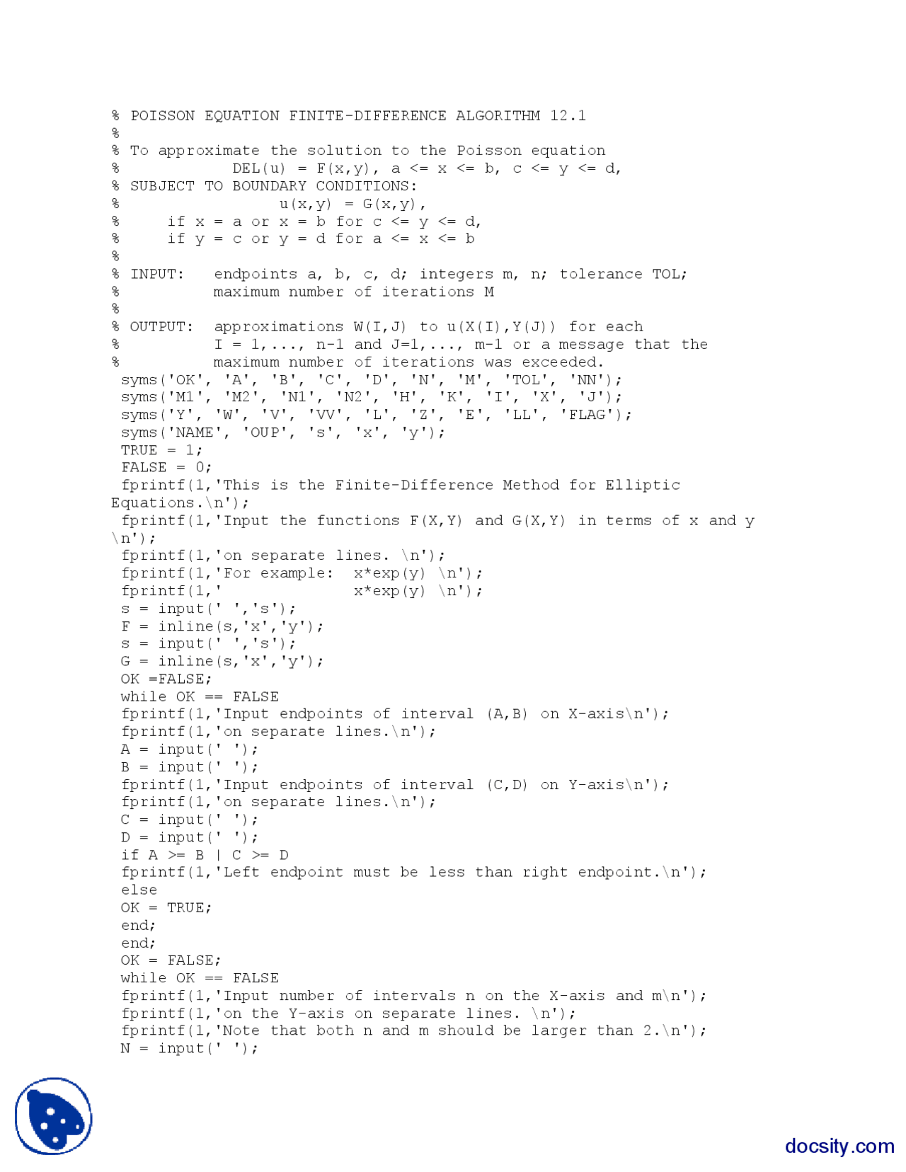 Poisson Equation Finite Difference-Numerical Analysis-MATLAB Code - Docsity