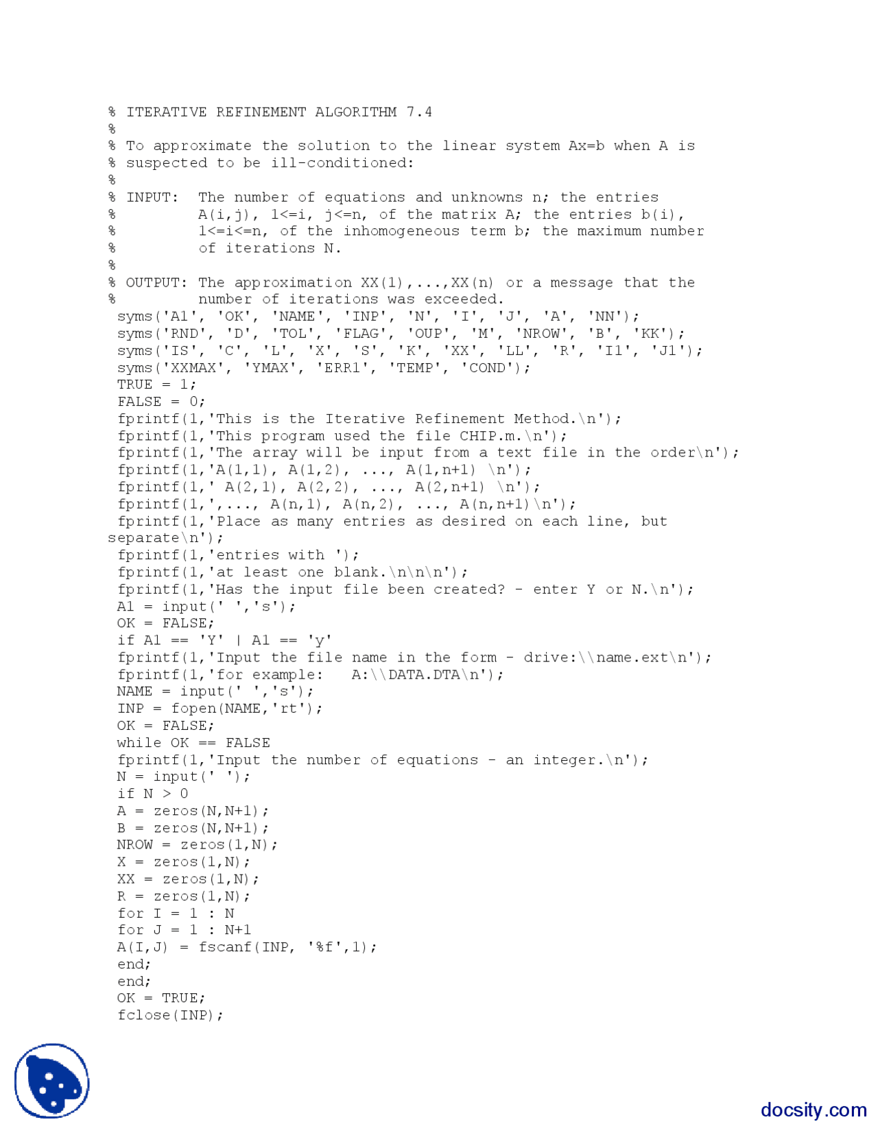 Linear System Iterative Refinement Numerical Analysis Matlab Code Exercises Mathematical