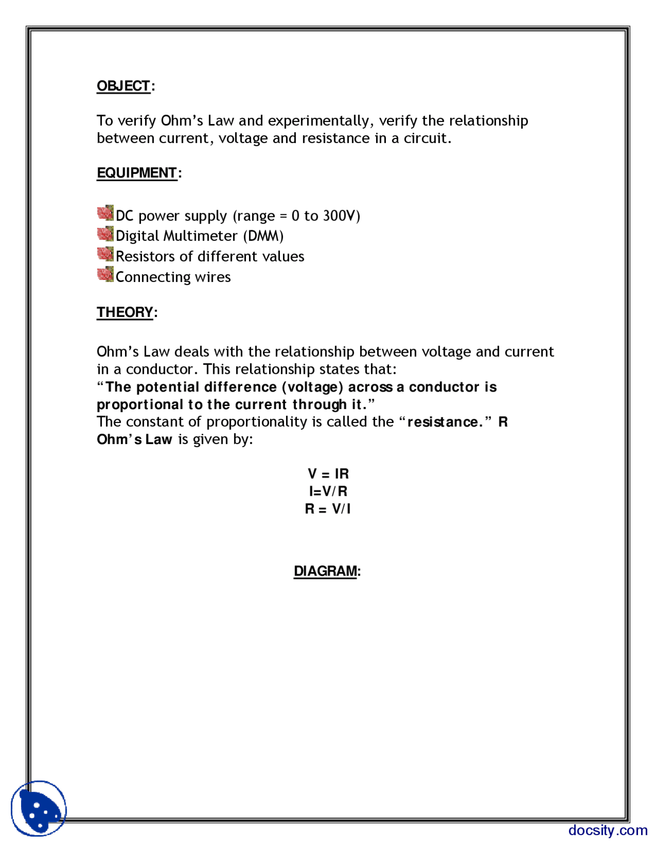 Ohms Law-Physics-Lab Report | Exercises Physics | Docsity