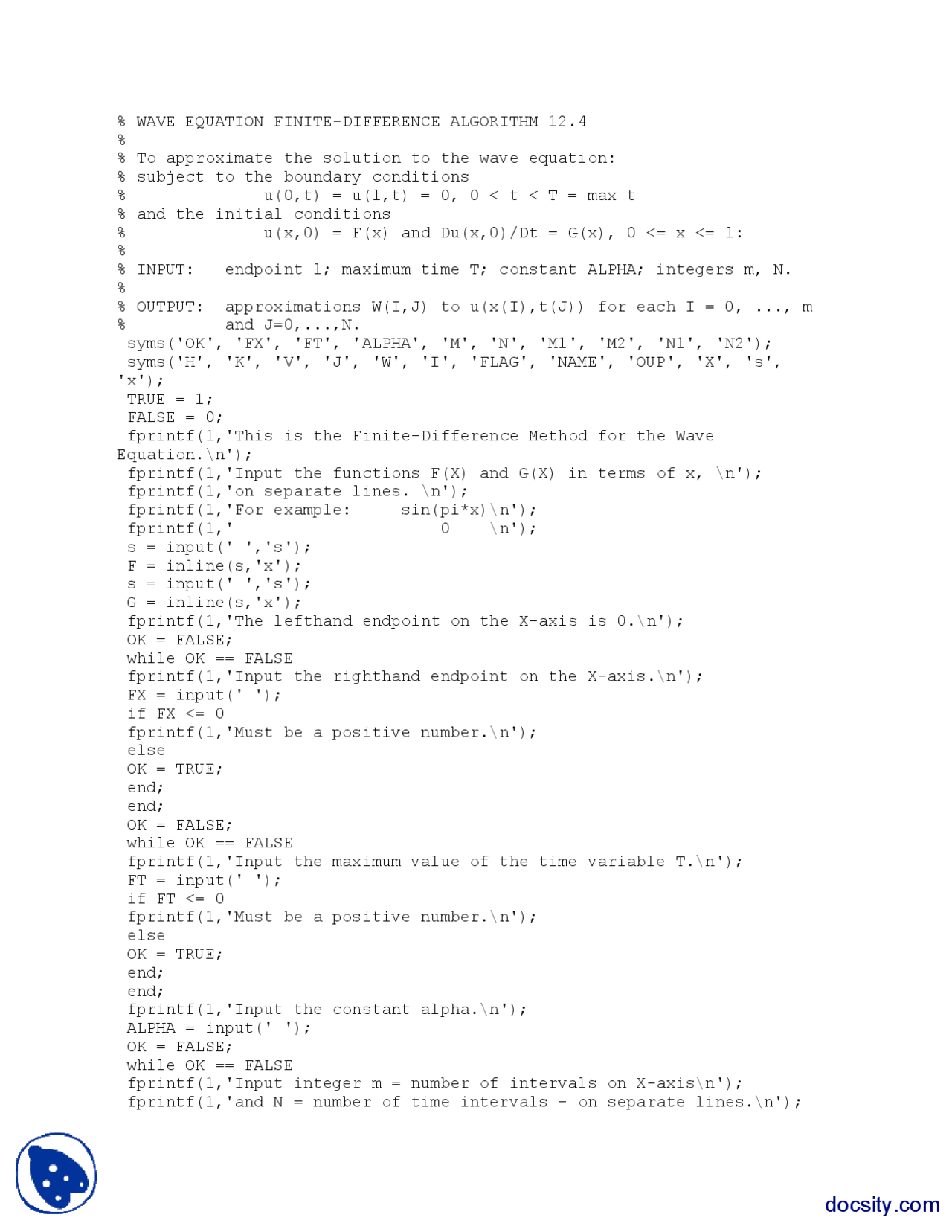 Wave Equation Finite Difference Numerical Analysis Matlab Code Docsity
