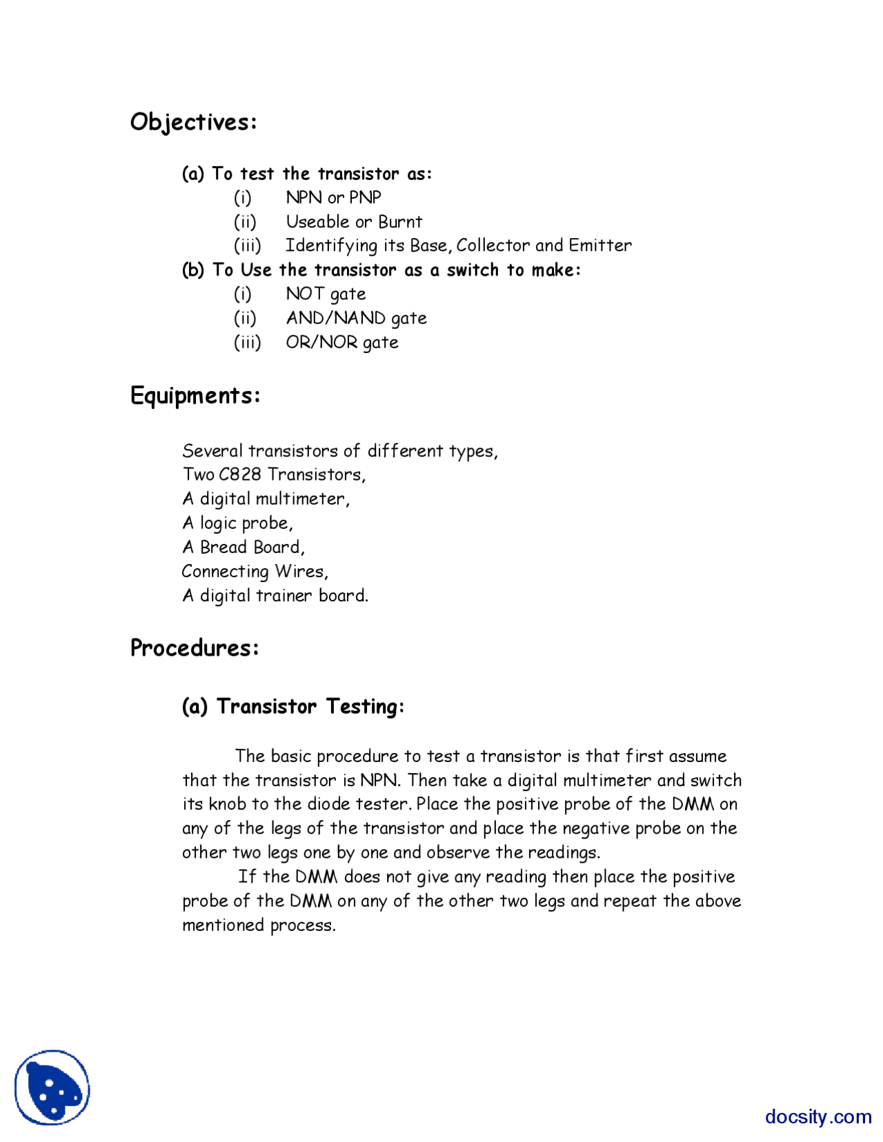 Transistors Electronics Lab Report Exercises Electronics Docsity
