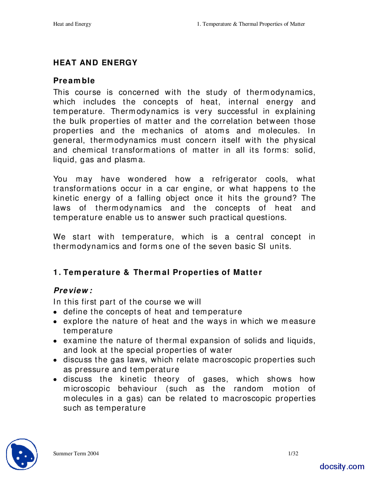 Heat and Energy-Thermodynamics-Handout - Docsity