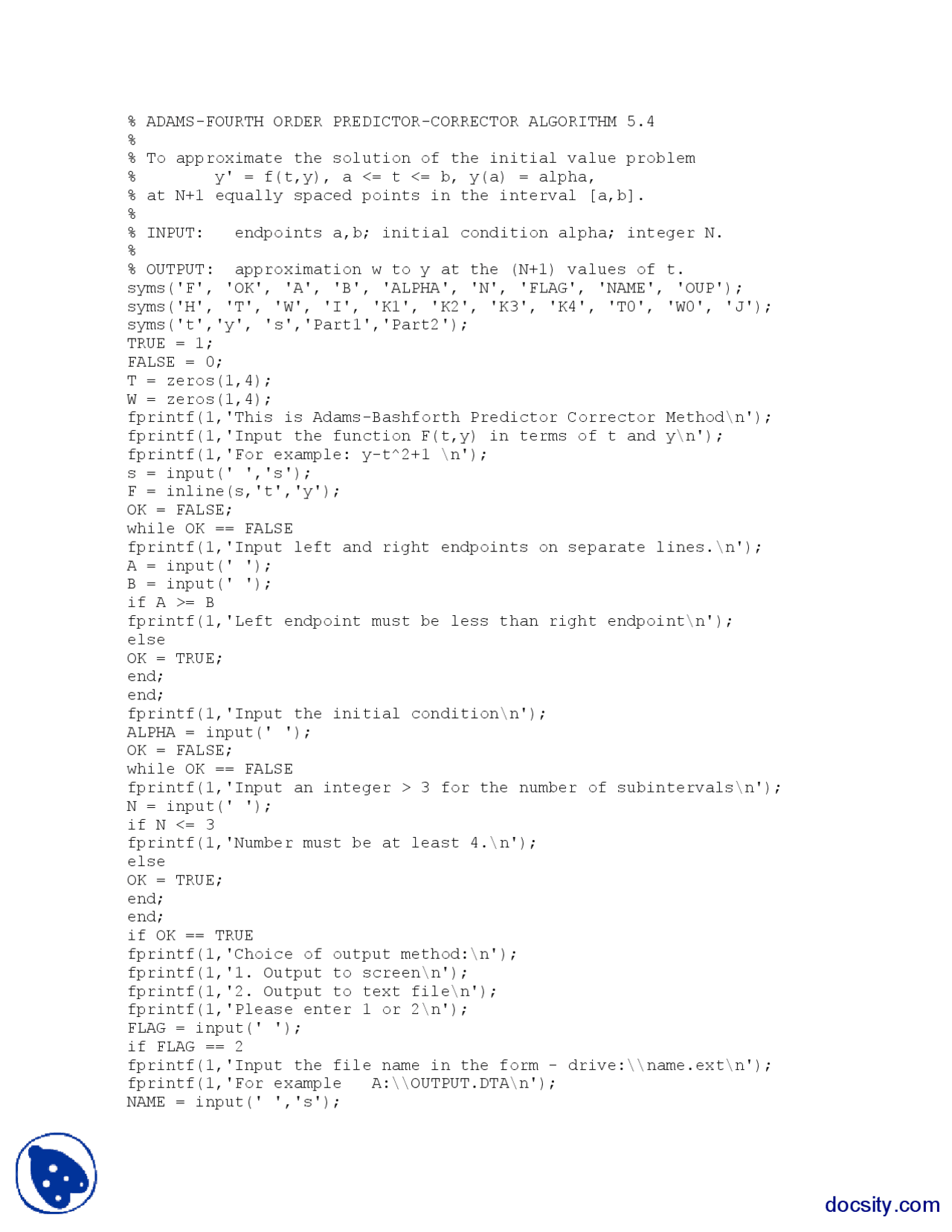 Adam Fourth Order Predictor Corrector Numerical Analysis Matlab Code