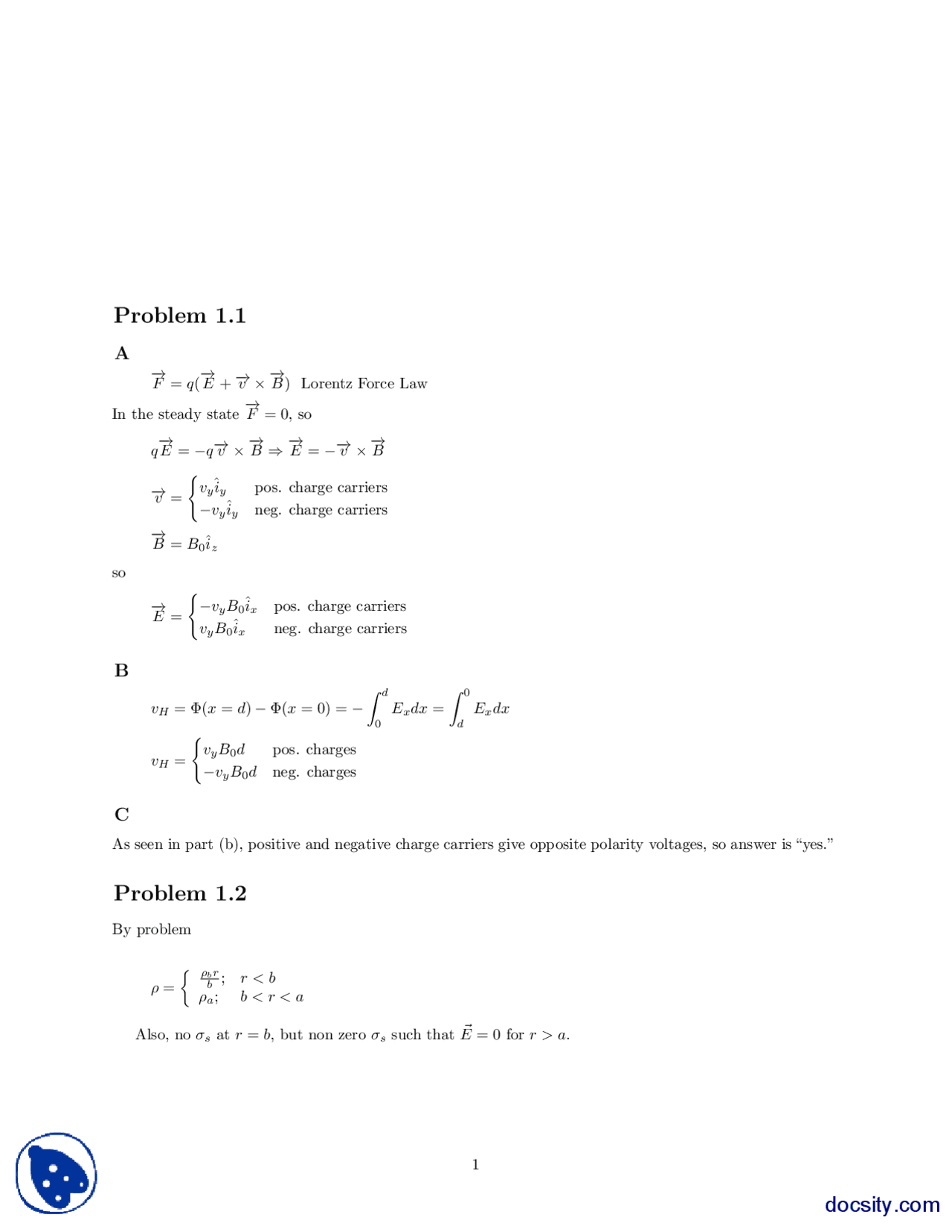 Lorentz Force Law Electromegnatic Field Assignment Docsity