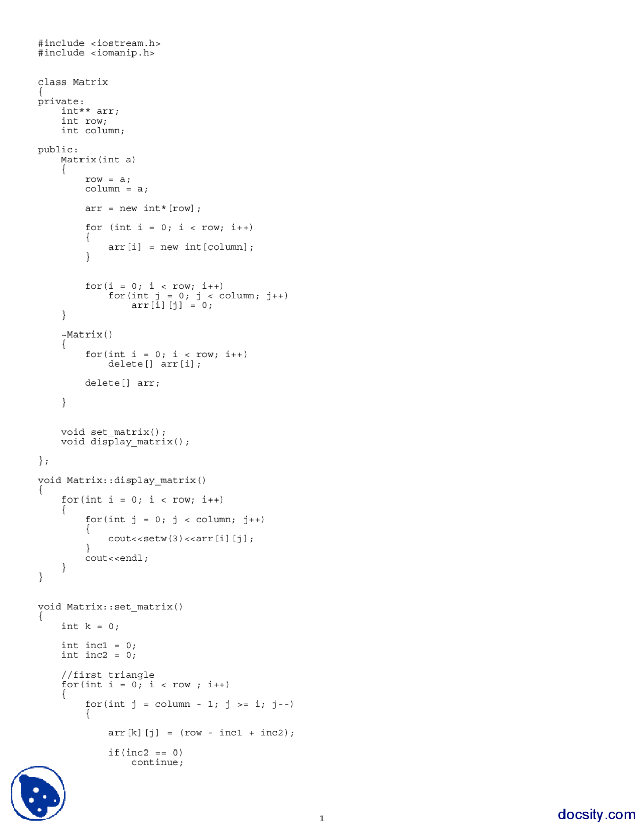 Class Matrix Object Oriented Programming C Language Codes Docsity 3656