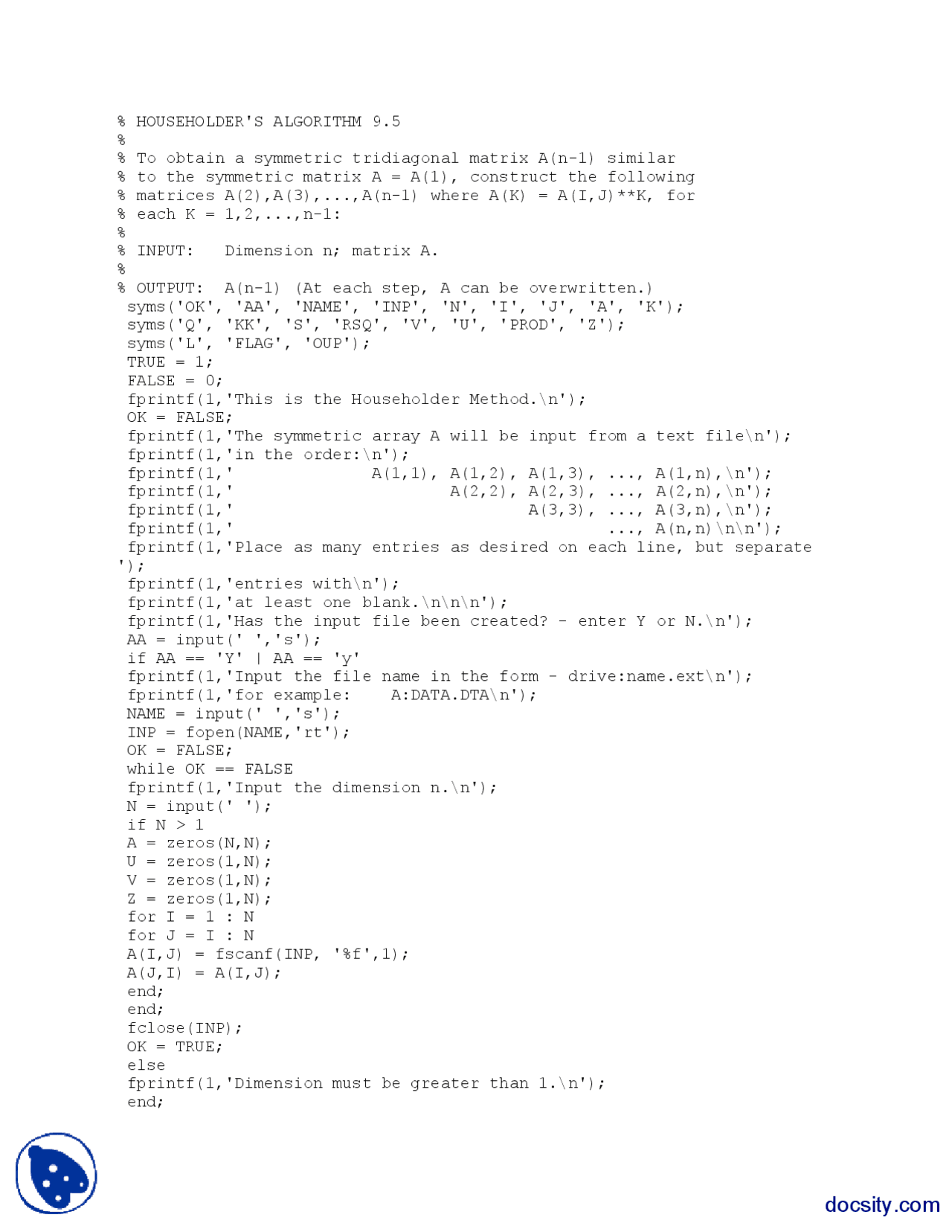 Householder Algorithm Numerical Analysis Matlab Code Exercises Mathematical Methods For