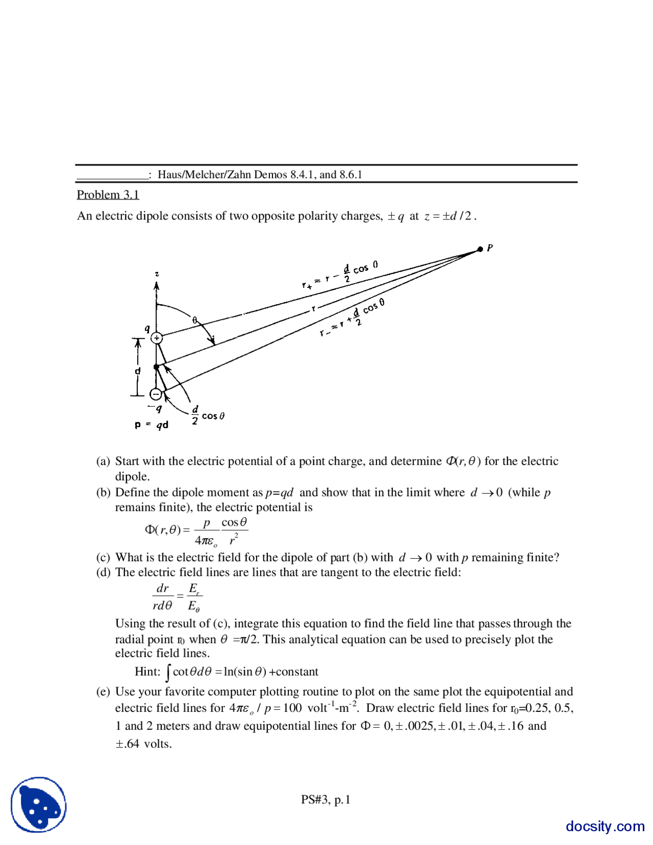 Dipole Electromegnatic Field Assignment Docsity