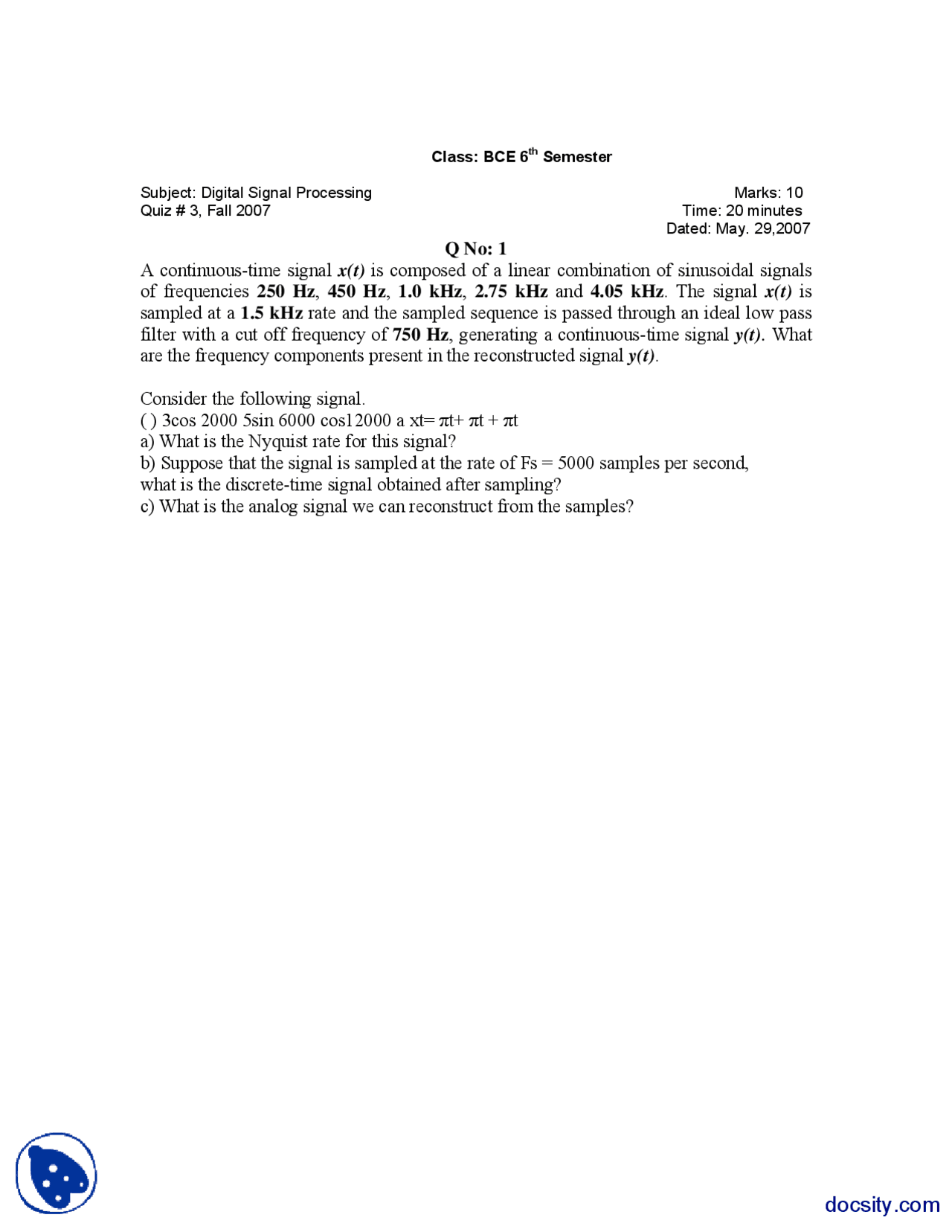 Continuous Time Signal Signals And Systems Exam Paper Docsity