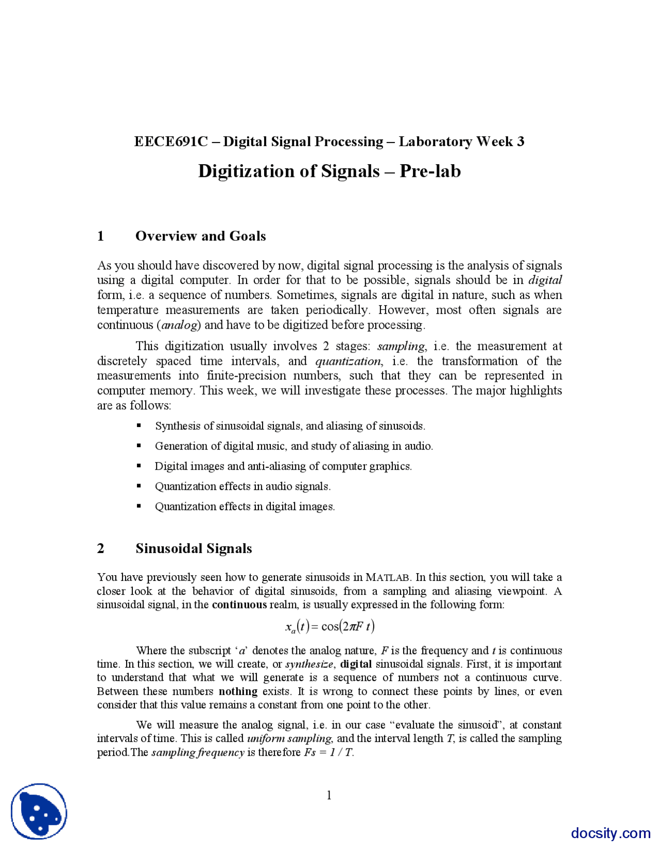 Digitization Of Signals Pre Lab Signals And Systems Lecture Handout