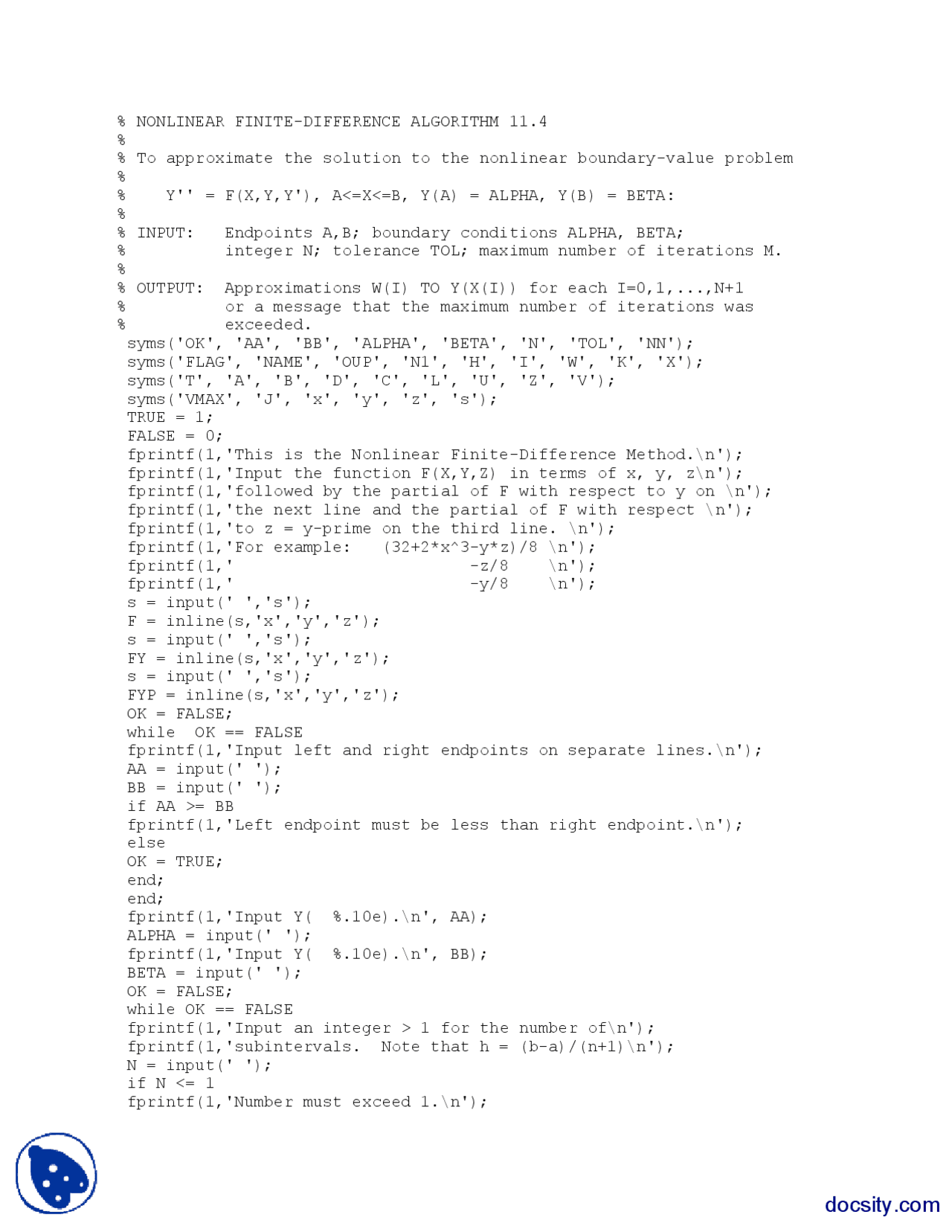Finite Difference Algorithm Boudary Value Problem Numerical Analysis Matlab Code Docsity