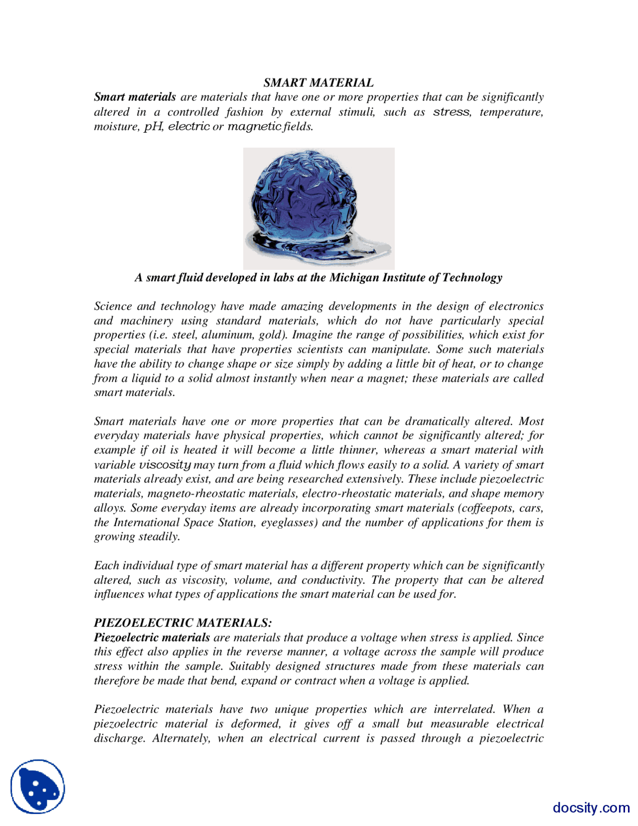 Smart Material Material Engineering Handout Docsity