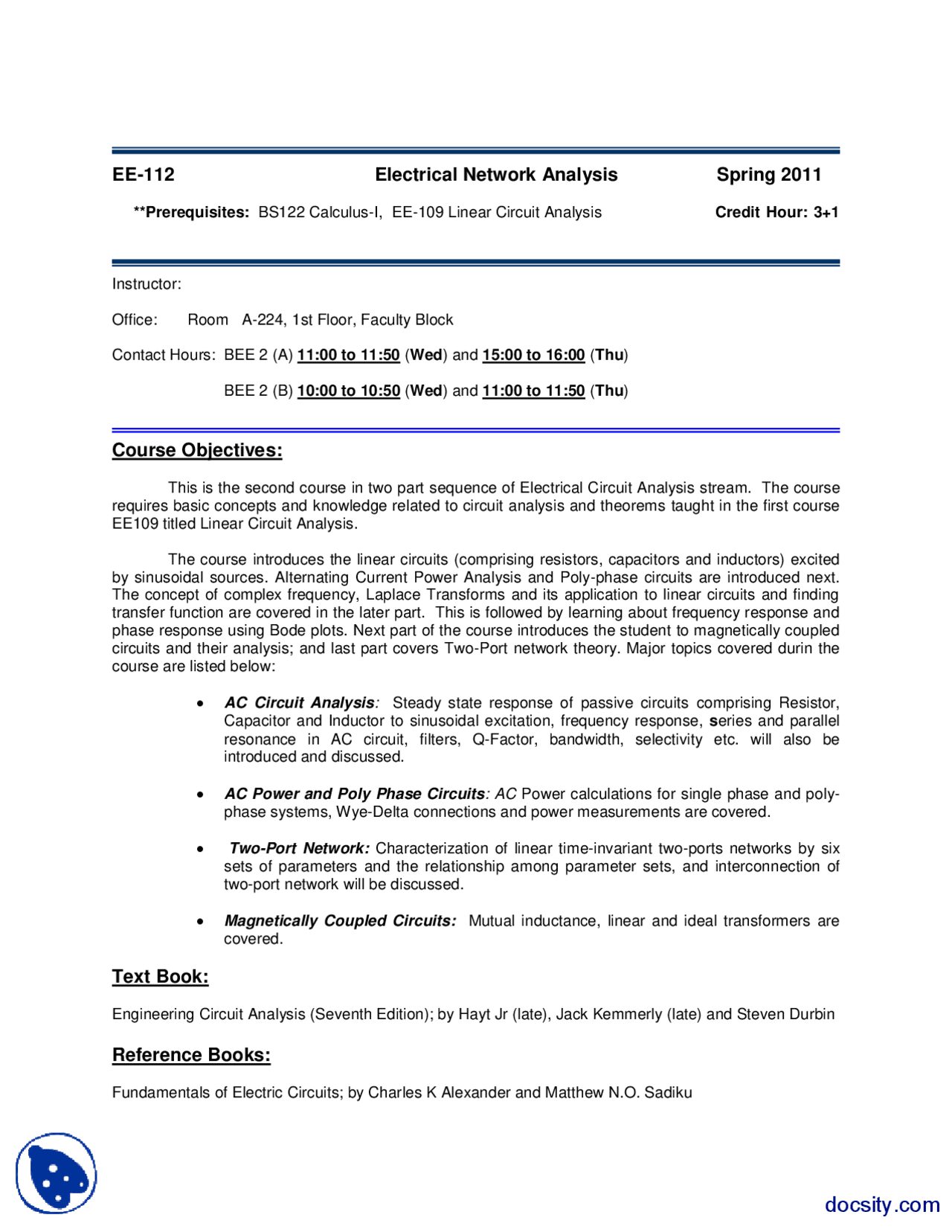 Course Outline Electrical Network Analysis Course Outline Docsity