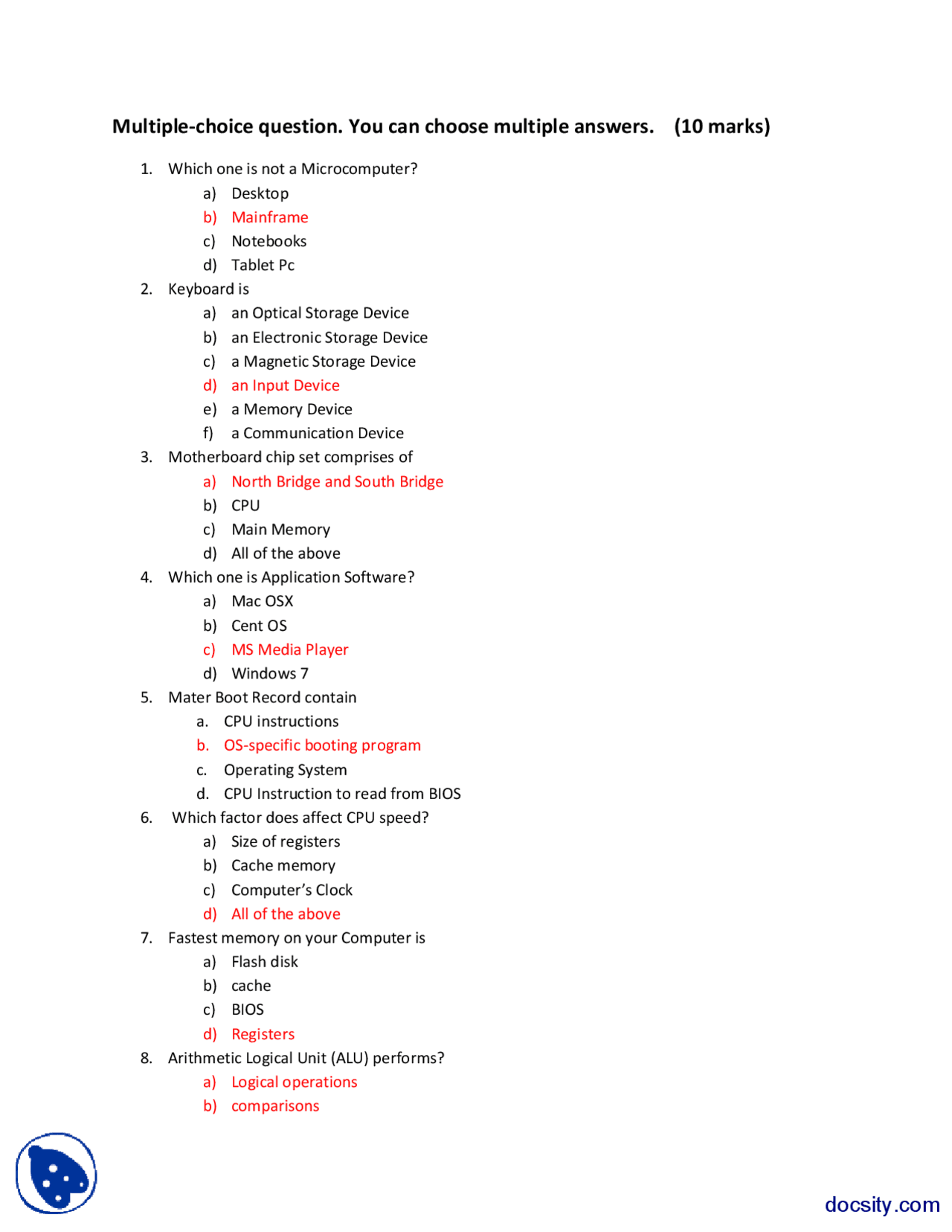Basic Questions Part 4 Computer Fundamentals Quiz Docsity