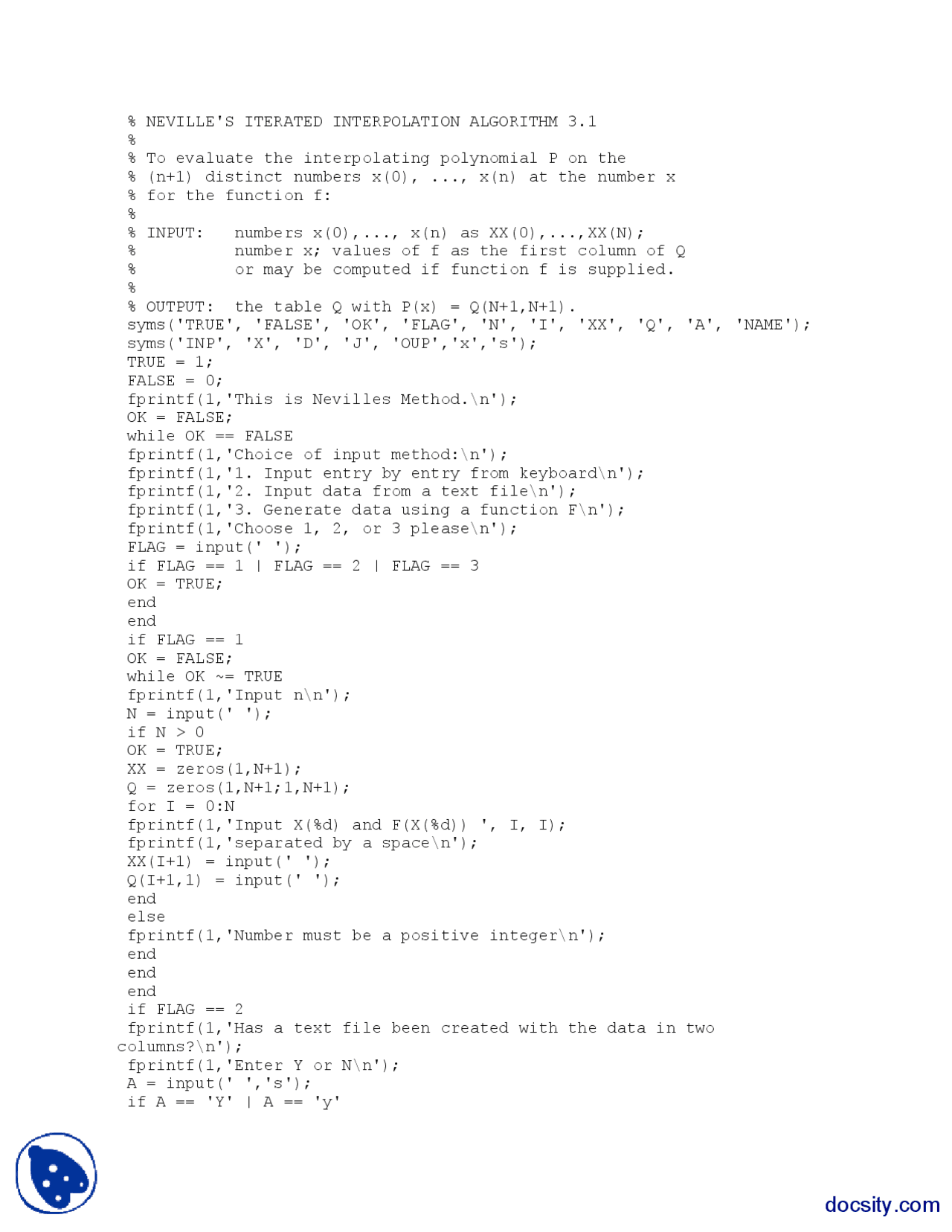 Neville Iterative Algorithm Numerical Analysis Matlab Code Exercises Mathematical Methods For