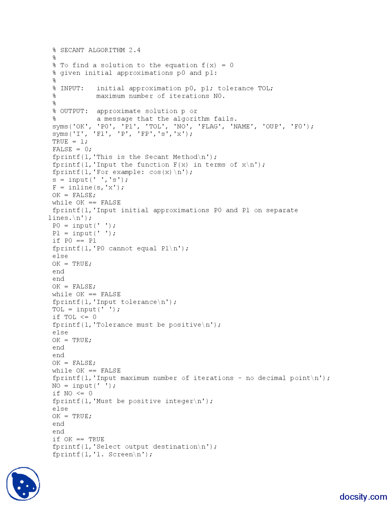 Secant Algorithm Numerical Analysis Matlab Code Docsity 6536